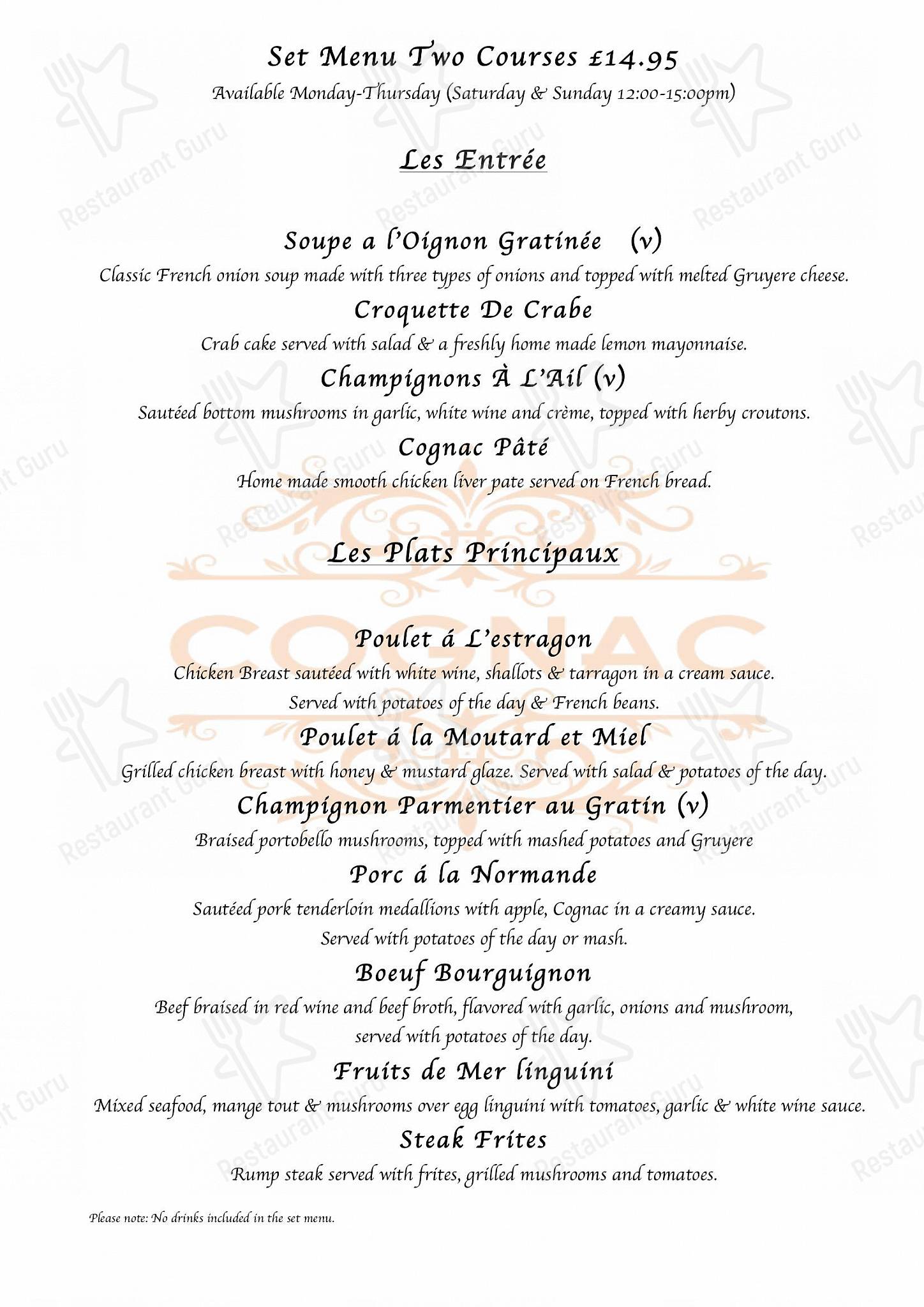 Menu at Cognac Restaurant, Hull