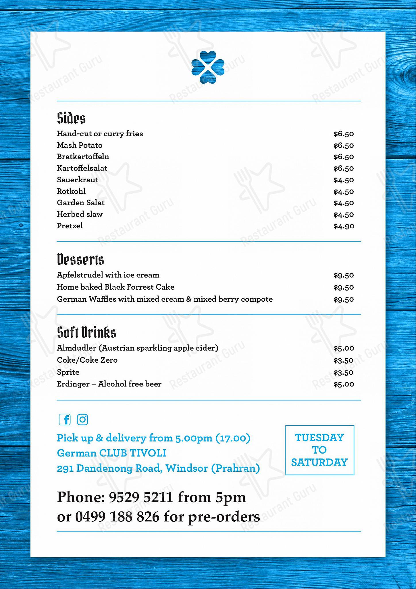 Menu at German Club Tivoli, Windsor