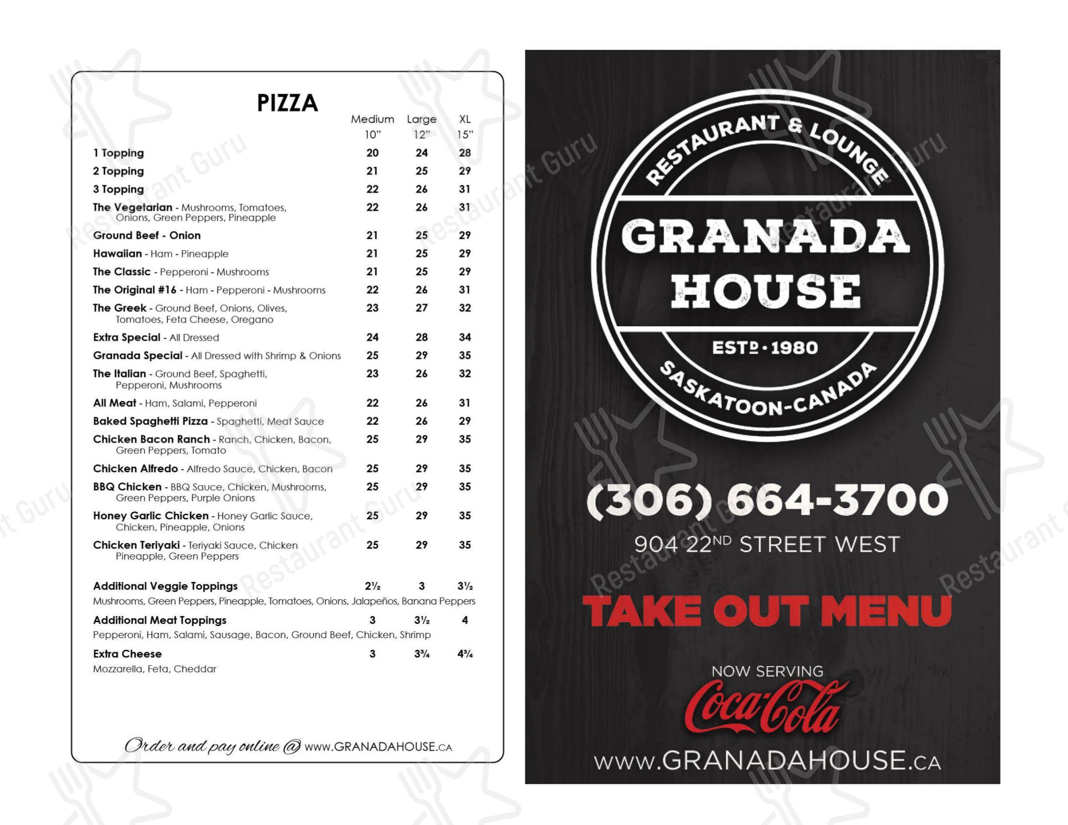 Menu at Granada House steakhouse, Saskatoon