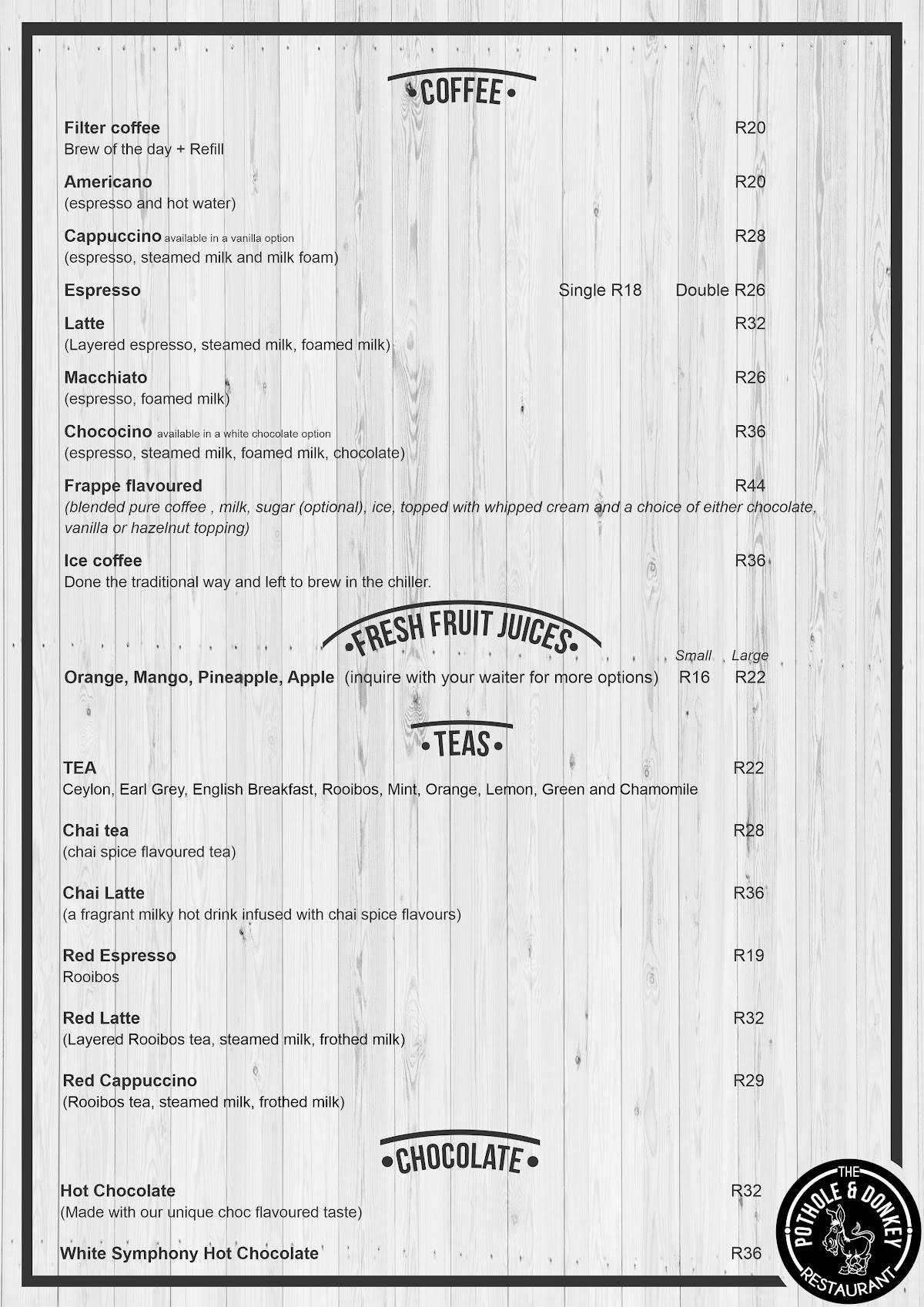 Menu at the Pothole & Donkey restaurant, Grahamstown