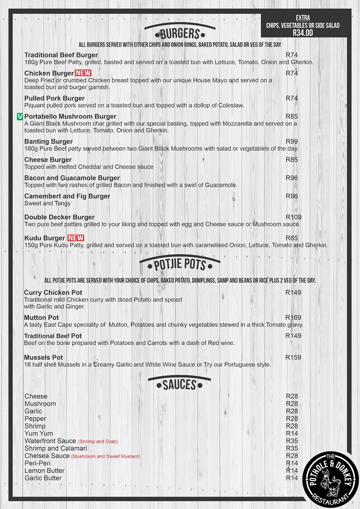 Menu at the Pothole & Donkey restaurant, Grahamstown