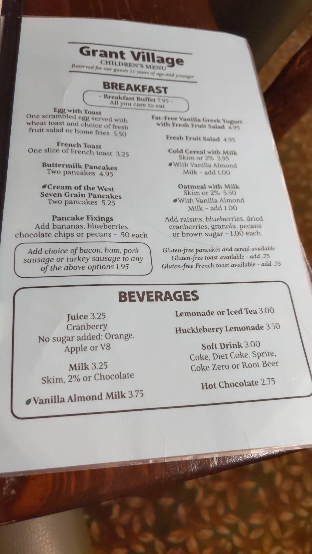Menu at Grant Village Dining Room restaurant, USA, 550 Sculpin Ln
