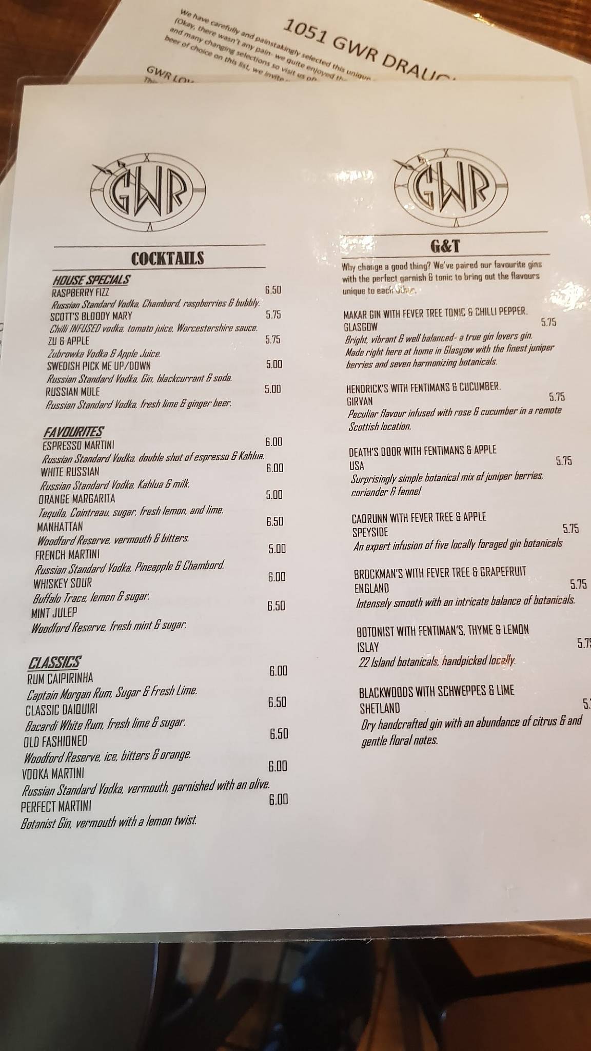 Menu at 1051 GWR restaurant, Glasgow, Great Western Rd