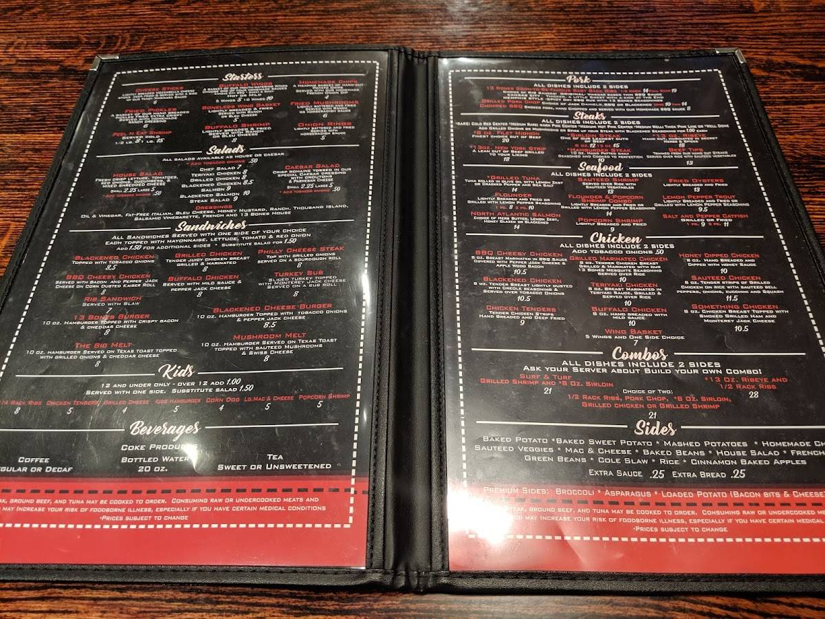 Menu at 13 Bones Restaurant, Mount Airy