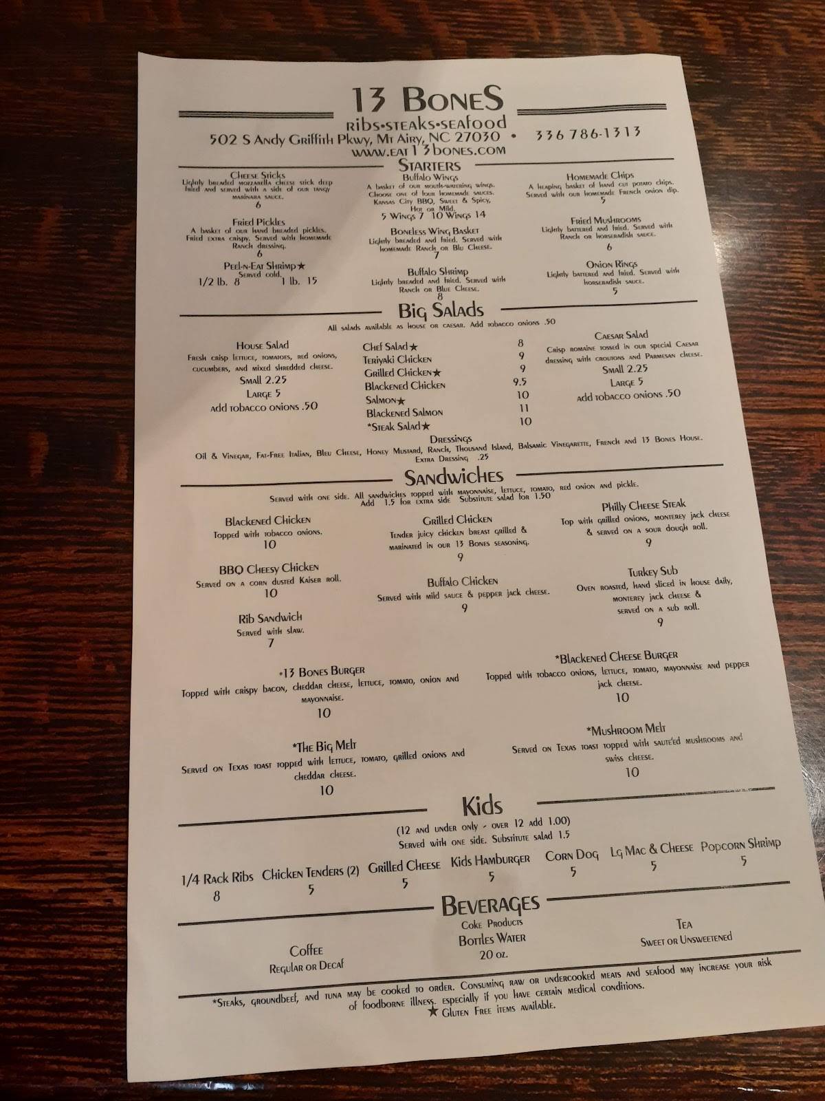 Menu at 13 Bones Restaurant, Mount Airy