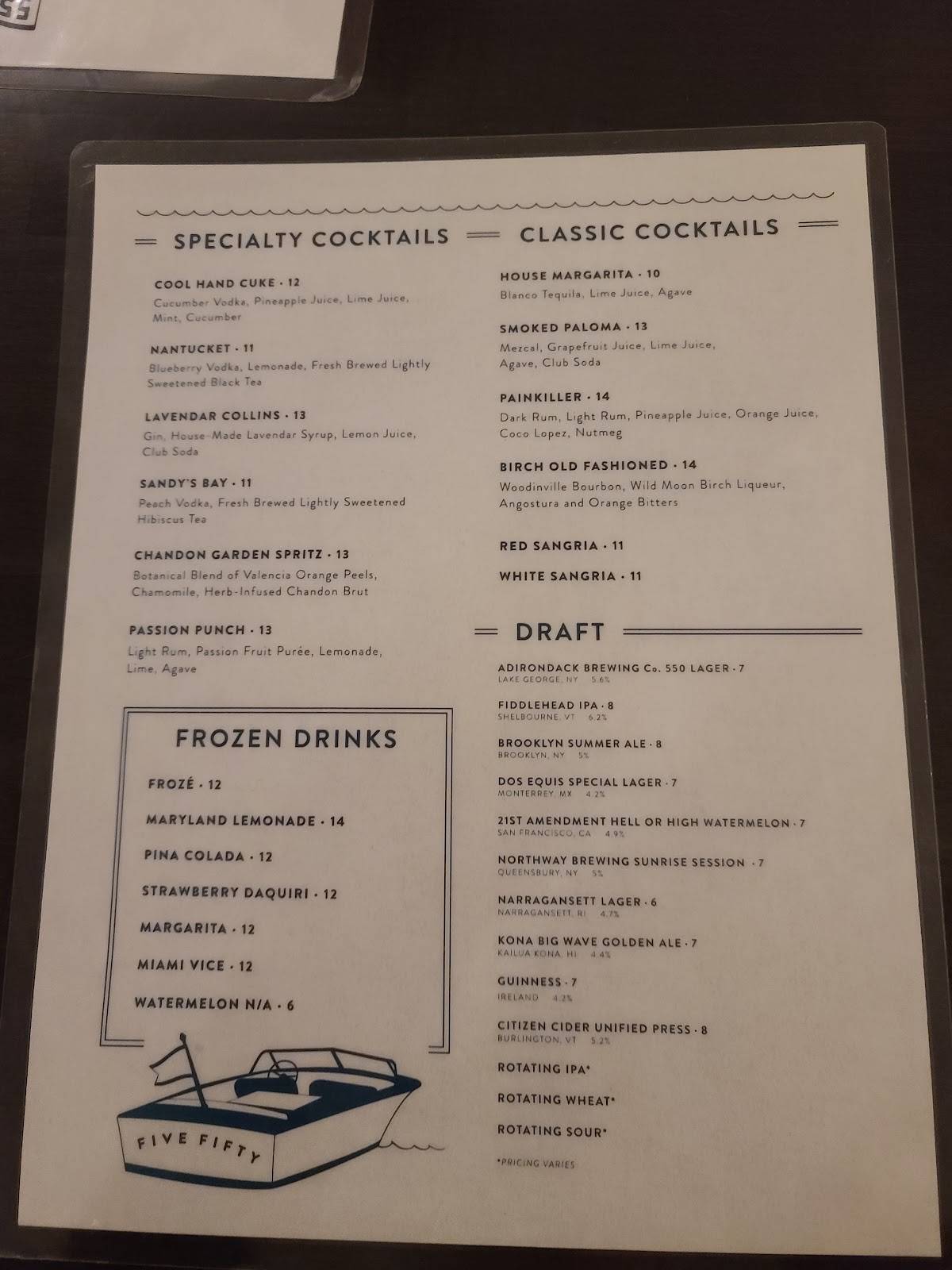 Menu at 550 Waterfront by Druthers restaurant, Saratoga Springs
