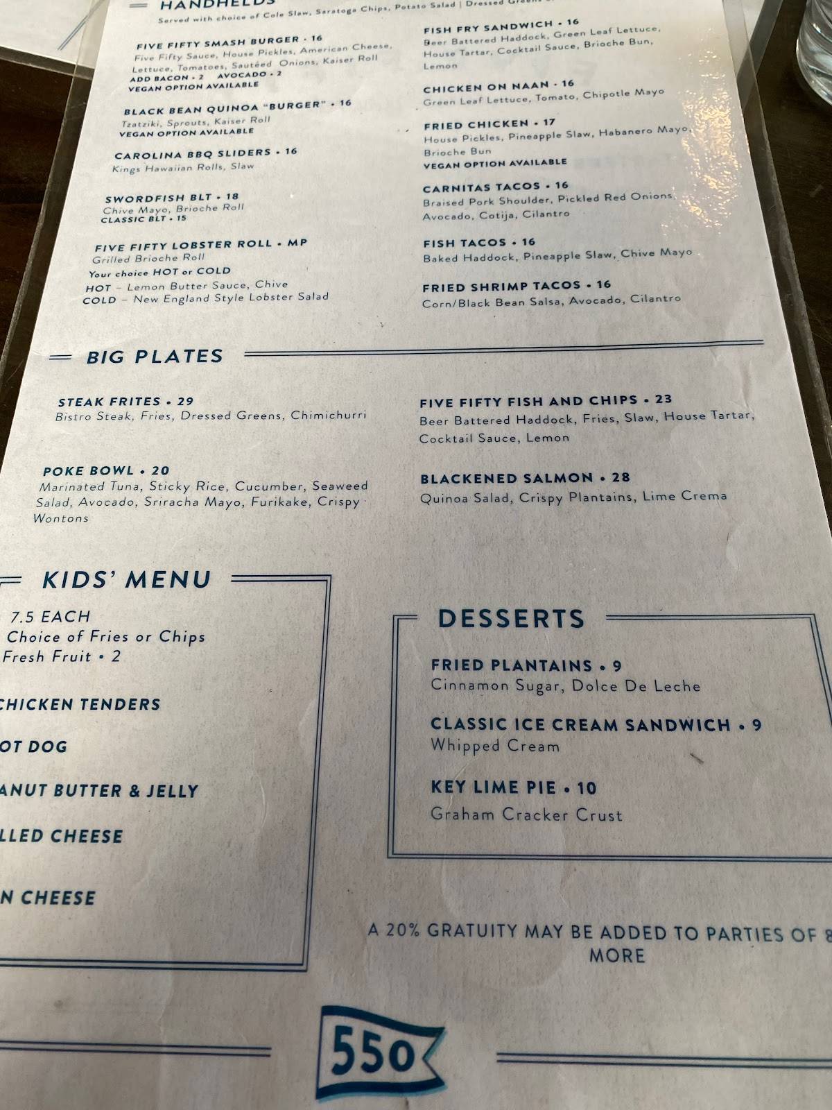Menu at 550 Waterfront by Druthers restaurant, Saratoga Springs