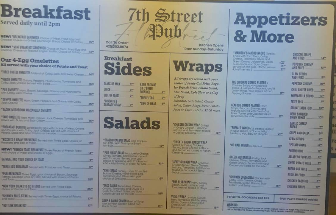 Menu at 7th Street Pub, Everett