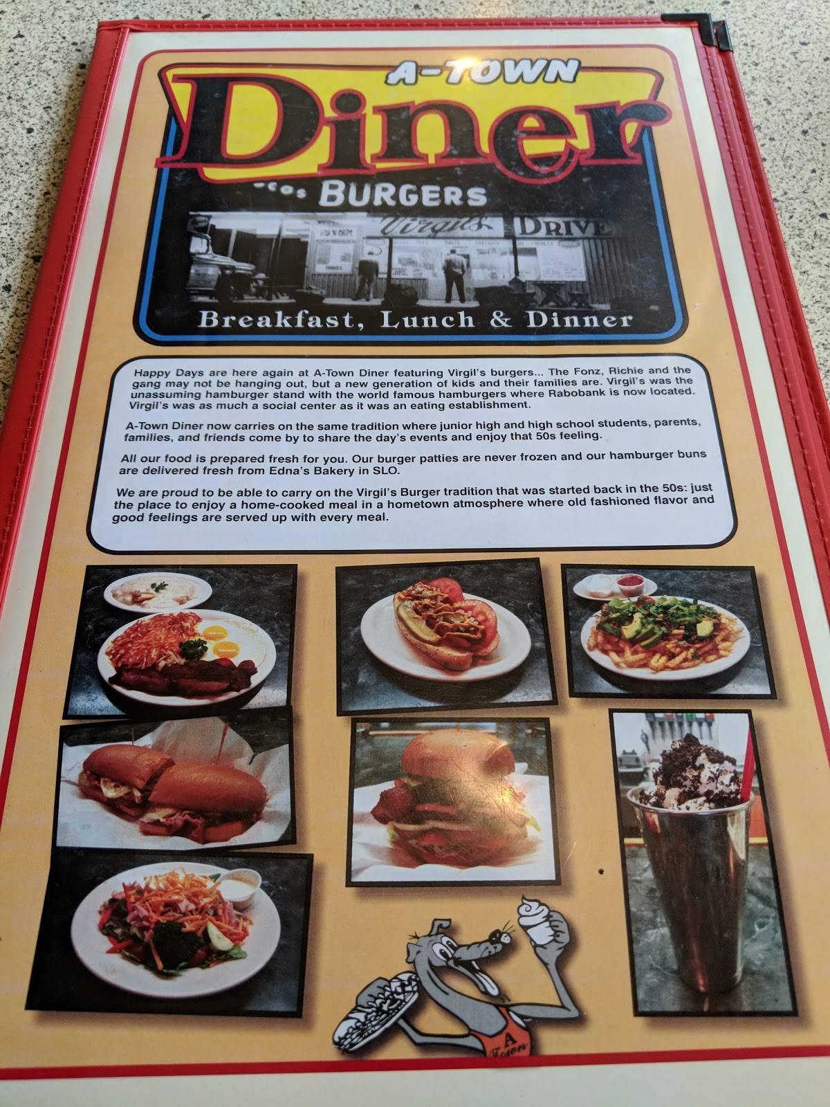 Menu at A-Town Diner restaurant, Atascadero, El Camino Real