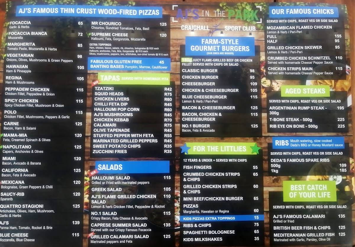 Menu at AJ's In The park restaurant, Randburg, 33 Abercorn Ave
