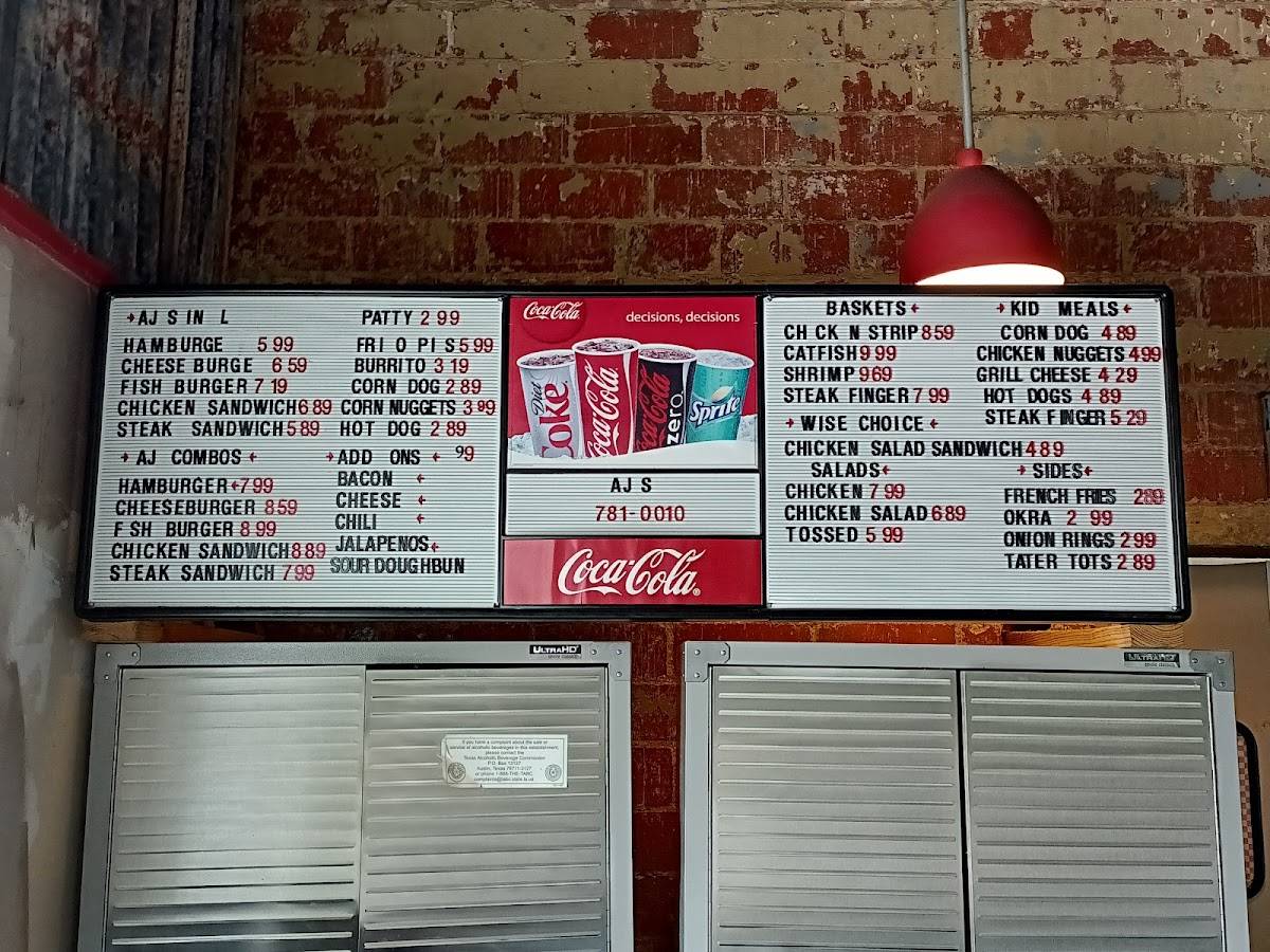 Menu at AJ's restaurant, Edna