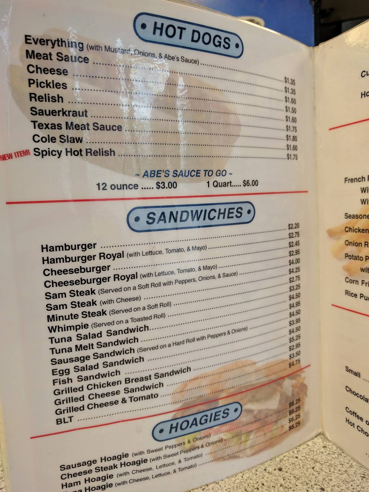 Menu at Abe's Hot Dogs restaurant, Wilkes-Barre, 210 Barney St