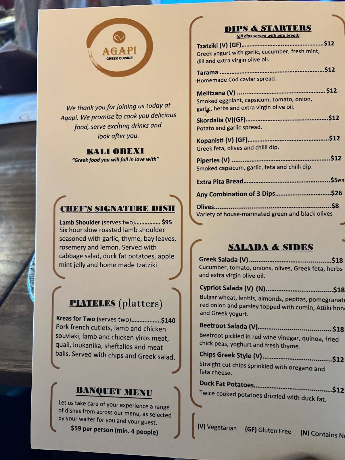Menu at Agapi Greek Cuisine restaurant, Hyde Park