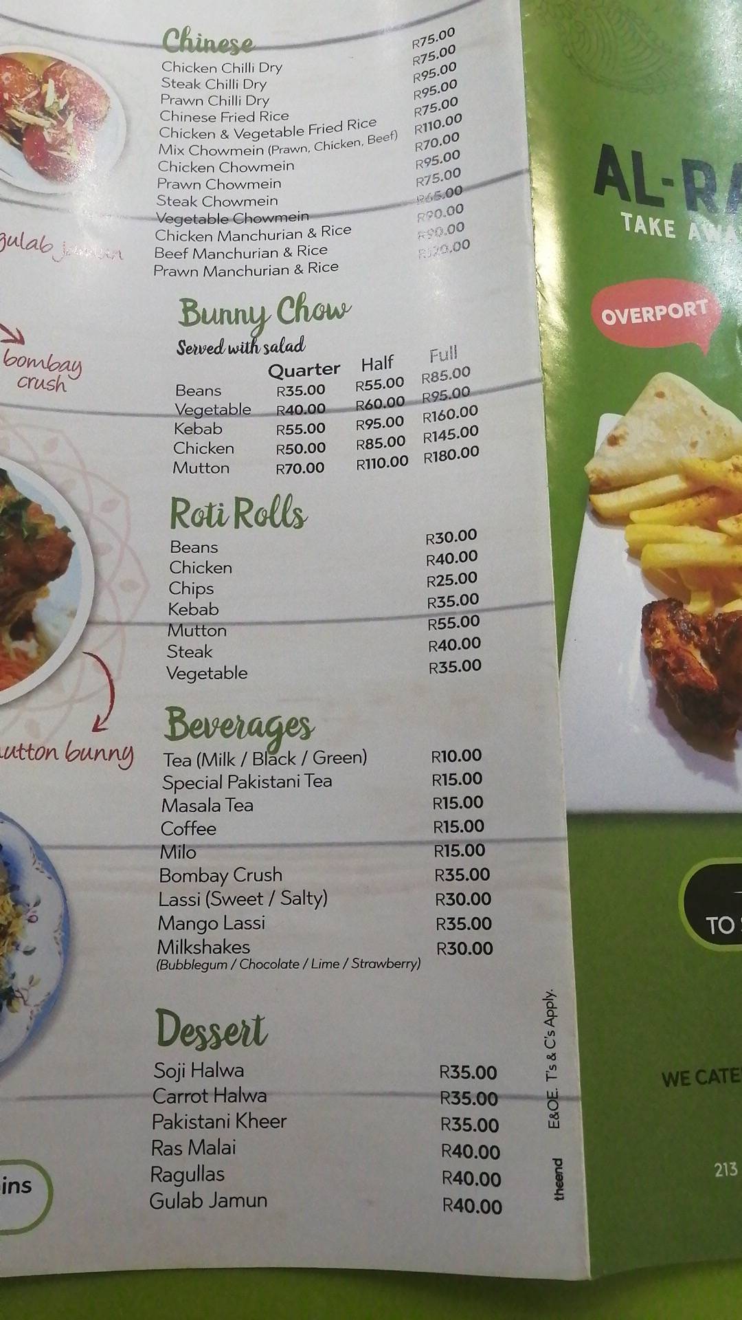 Menu at Al Razzaaq restaurant, Durban, 101 Sparks Rd