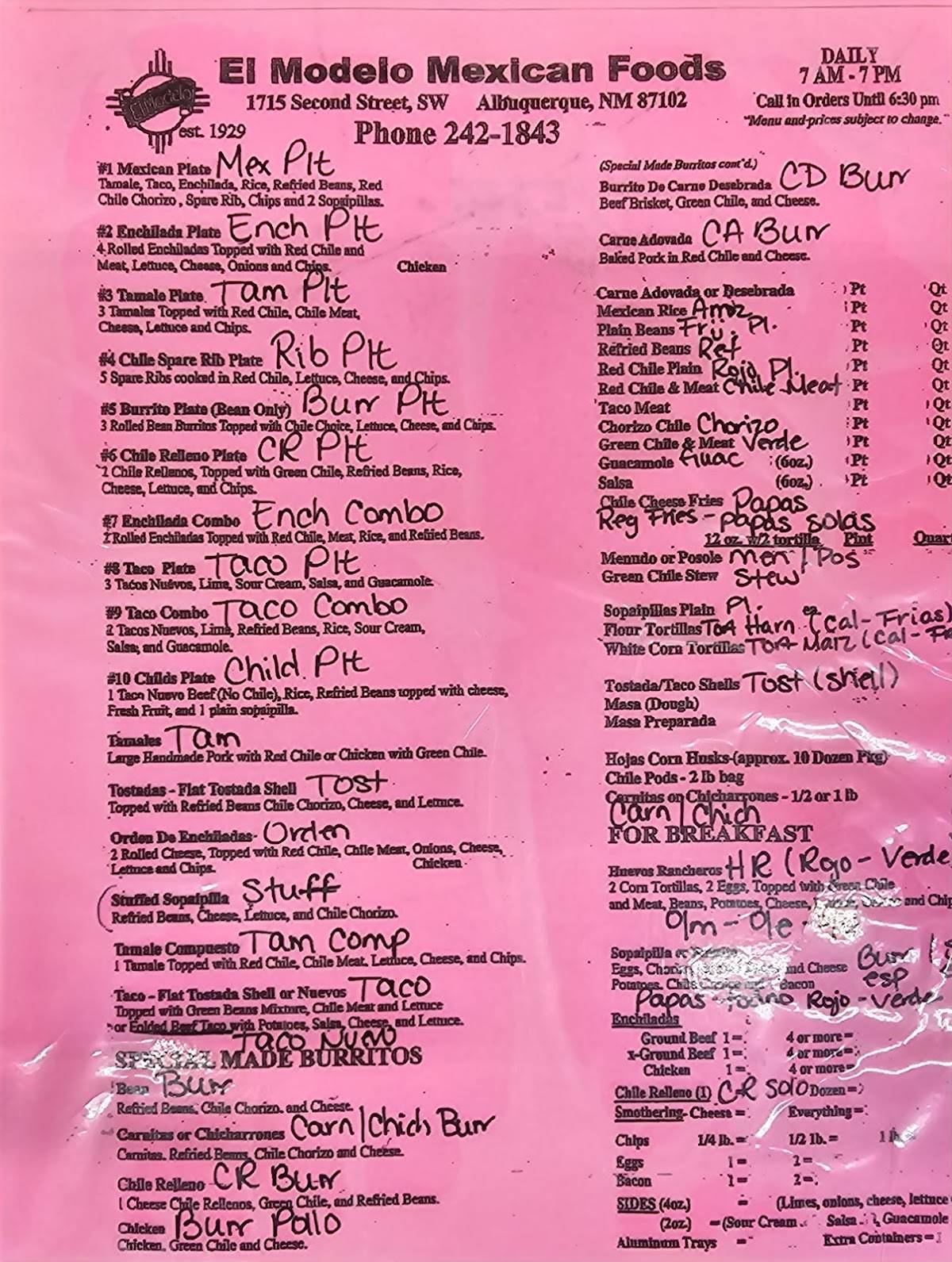 Menu at El Modelo Mexican Foods restaurant, Albuquerque