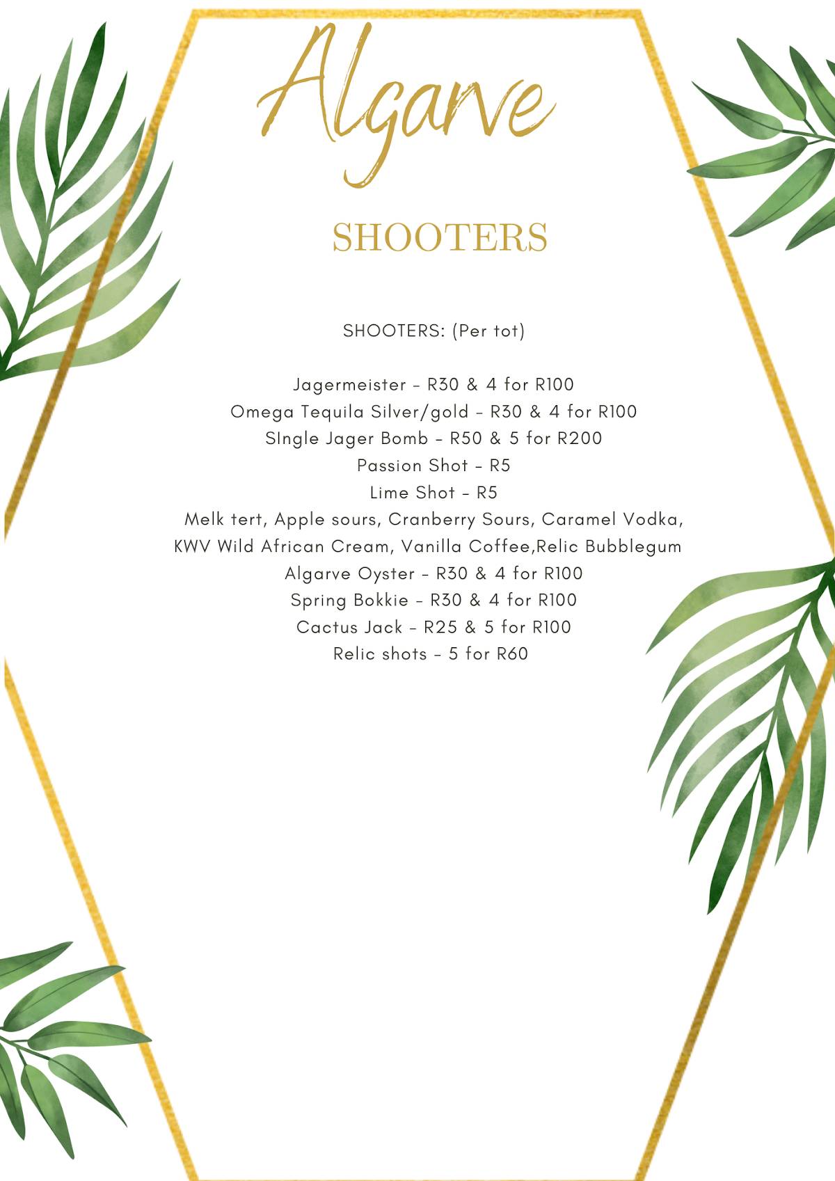 Menu at Algarve Restaurant & Bar, Cape Town