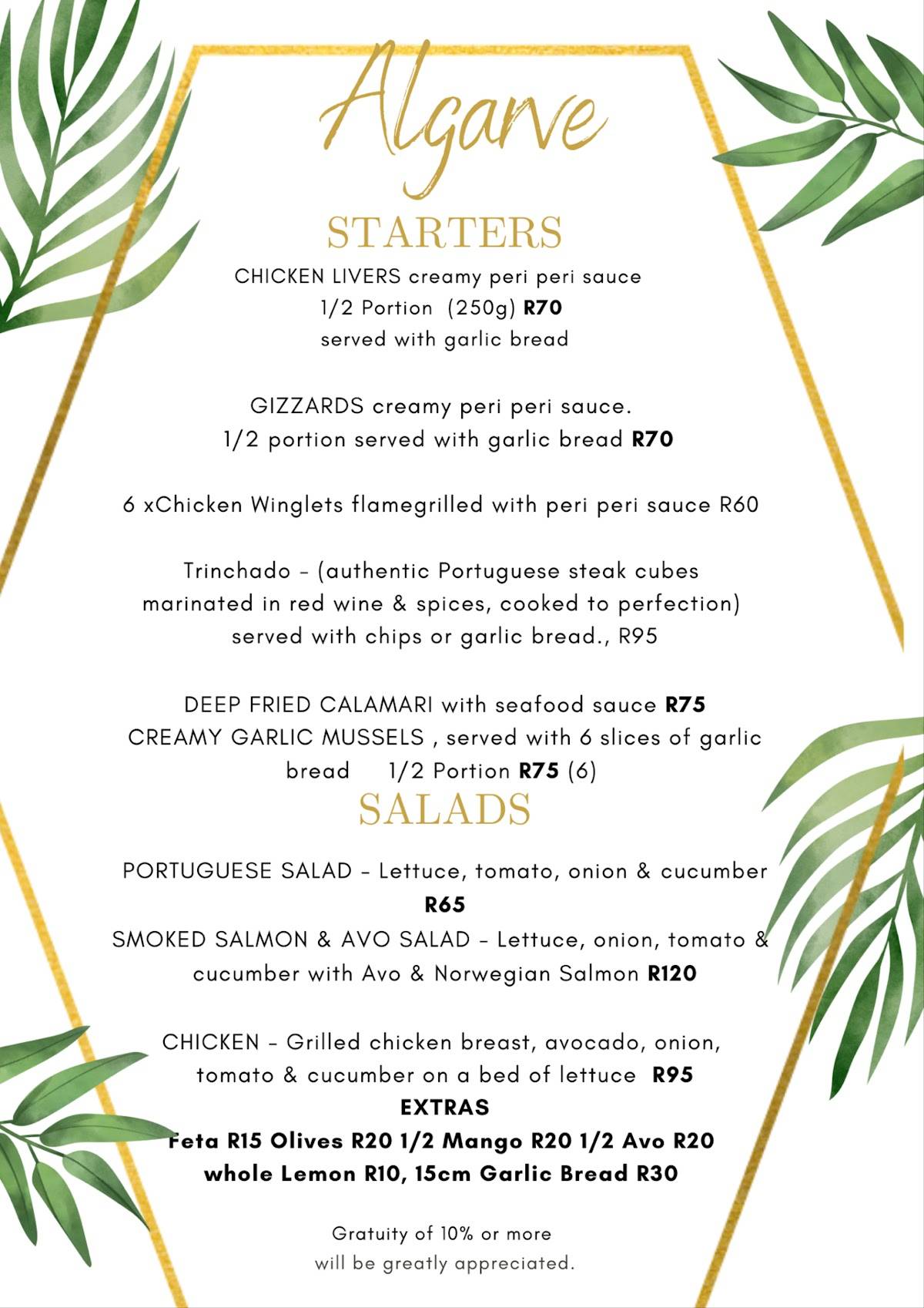 Menu at Algarve Restaurant & Bar, Cape Town