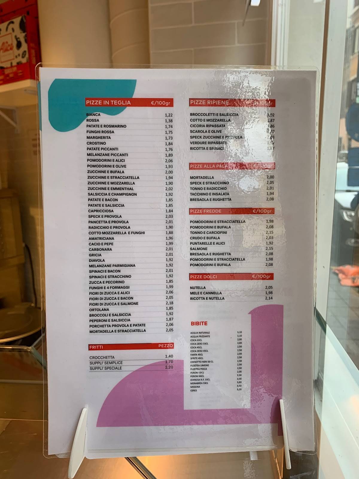 Menu at Alice Pizza Trastevere restaurant, Rome