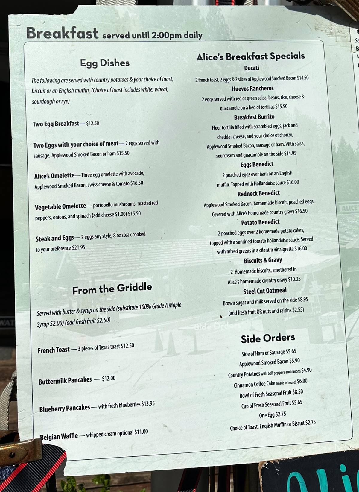 Menu at Alice's Restaurant, Woodside, Skyline Blvd