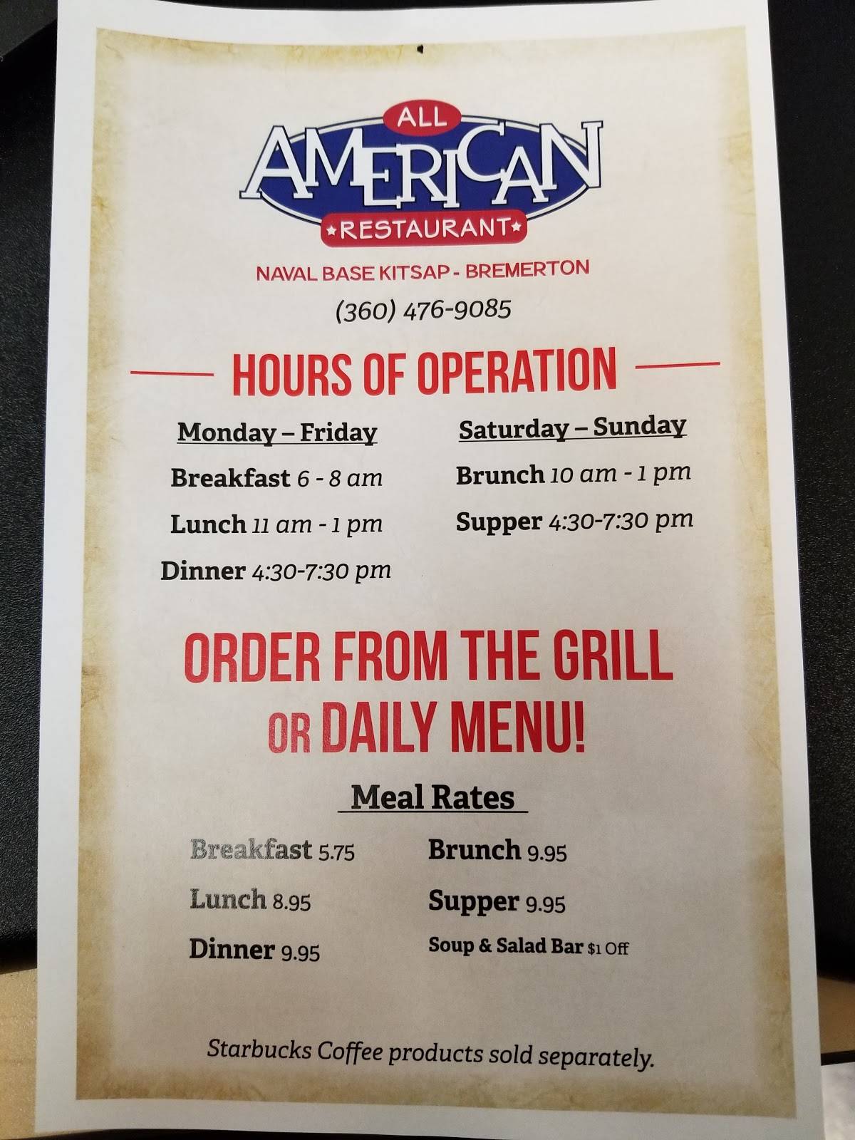 Menu at All American Restaurant, Bremerton