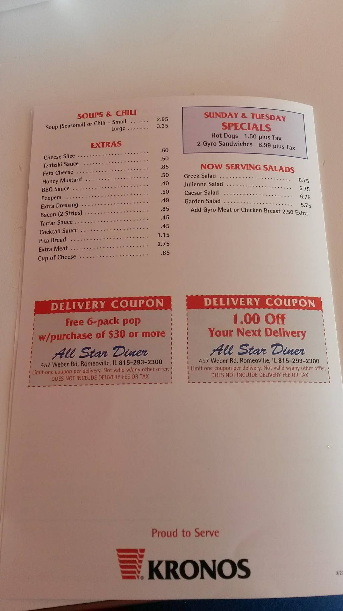 Menu at All-Star Diner restaurant, Romeoville