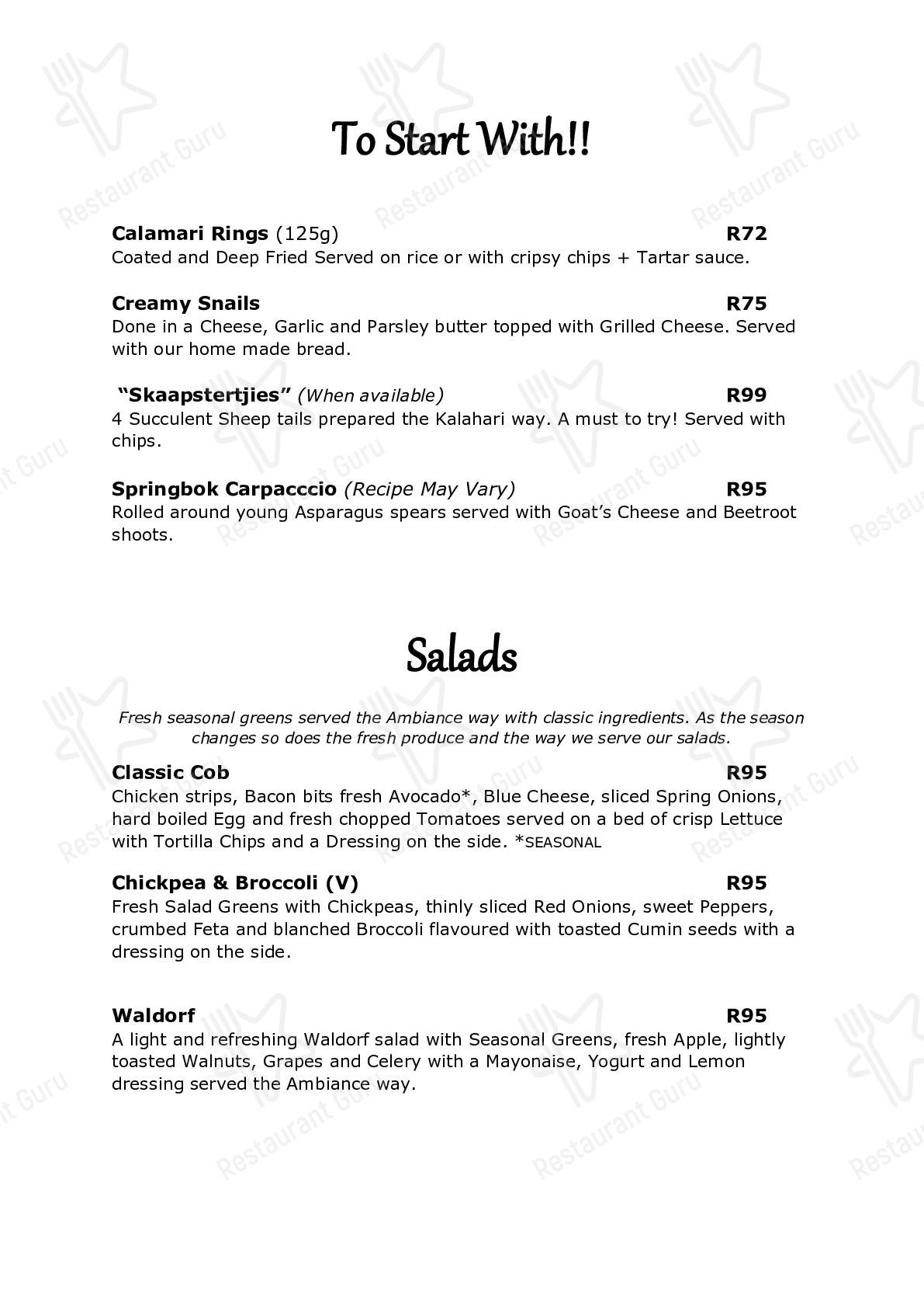 Menu at Ambiance Restaurant Greyton, Greyton