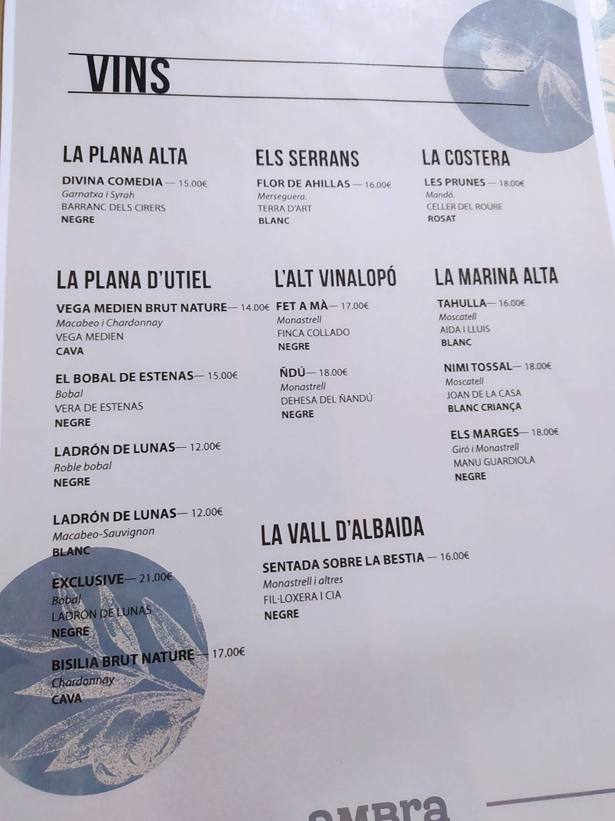 Menu at Ambra Poble-Bar, Valencia