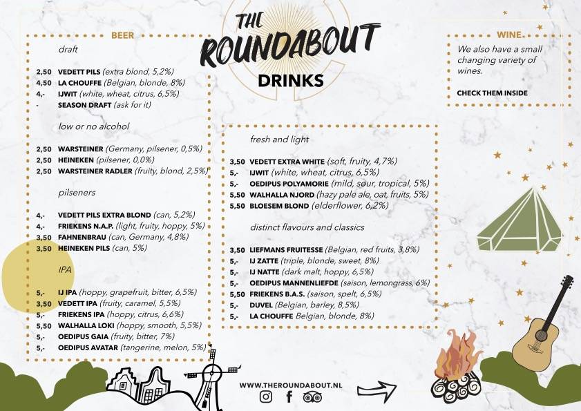 Menu at The Roundabout Amsterdam at Camping Vliegenbos, Amsterdam