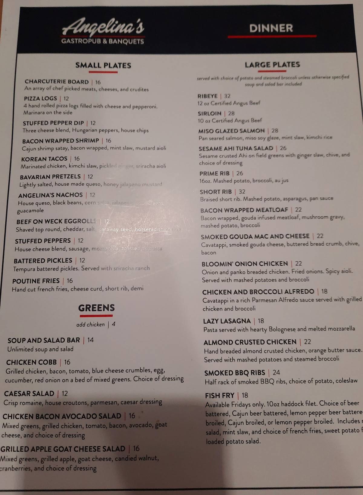 Menu at Angelina’s pub & bar, East Aurora