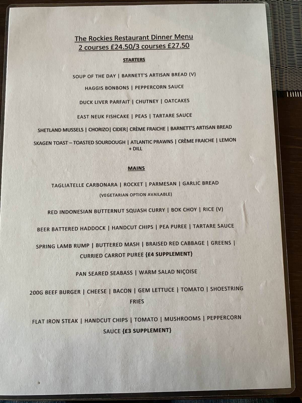 Menu at The Rockies Restaurant, Anstruther