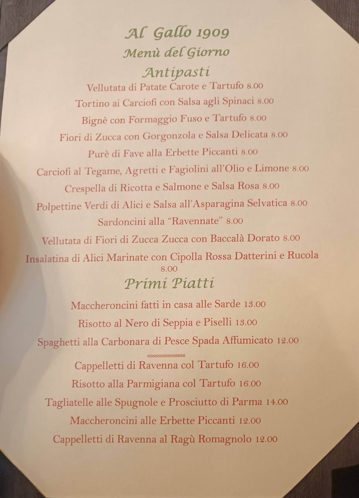 Menu da Antica Trattoria Al Gallo 1909 ristorante, Ravenna