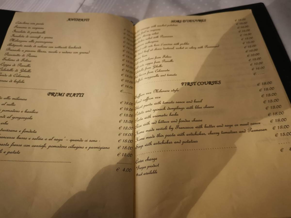 Menu da Antica Trattoria della Pesa ristorante, Milano