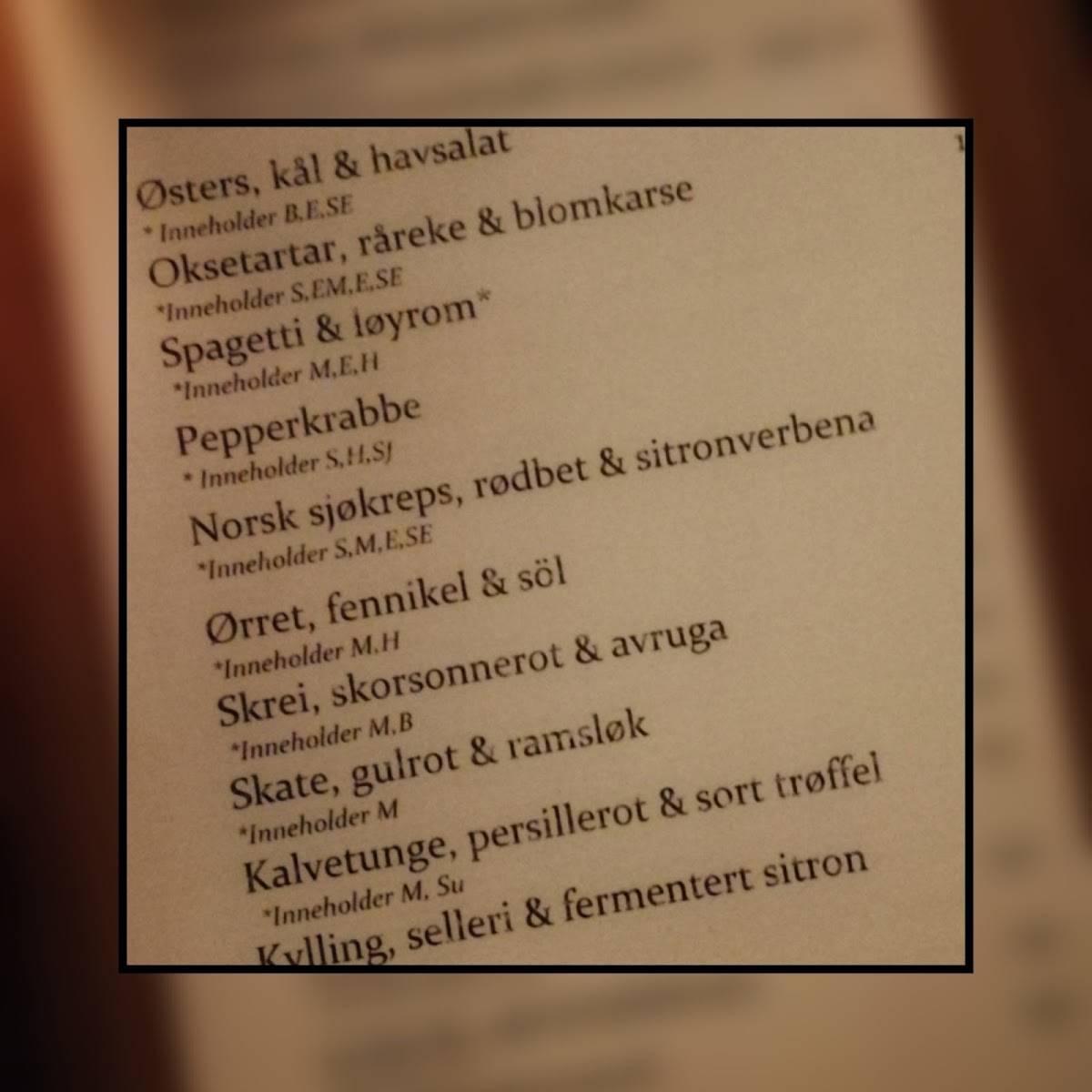 Menu at Arakataka restaurant, Oslo