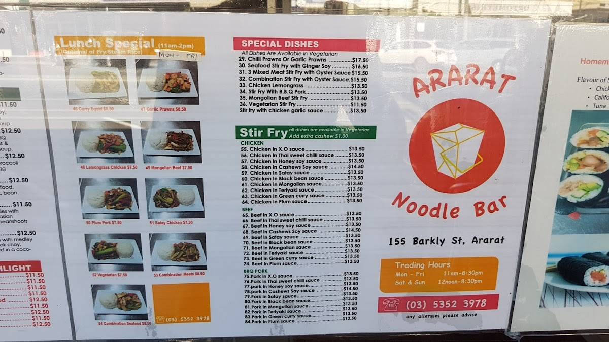 Menu at Ararat Noodle Bar, Ararat
