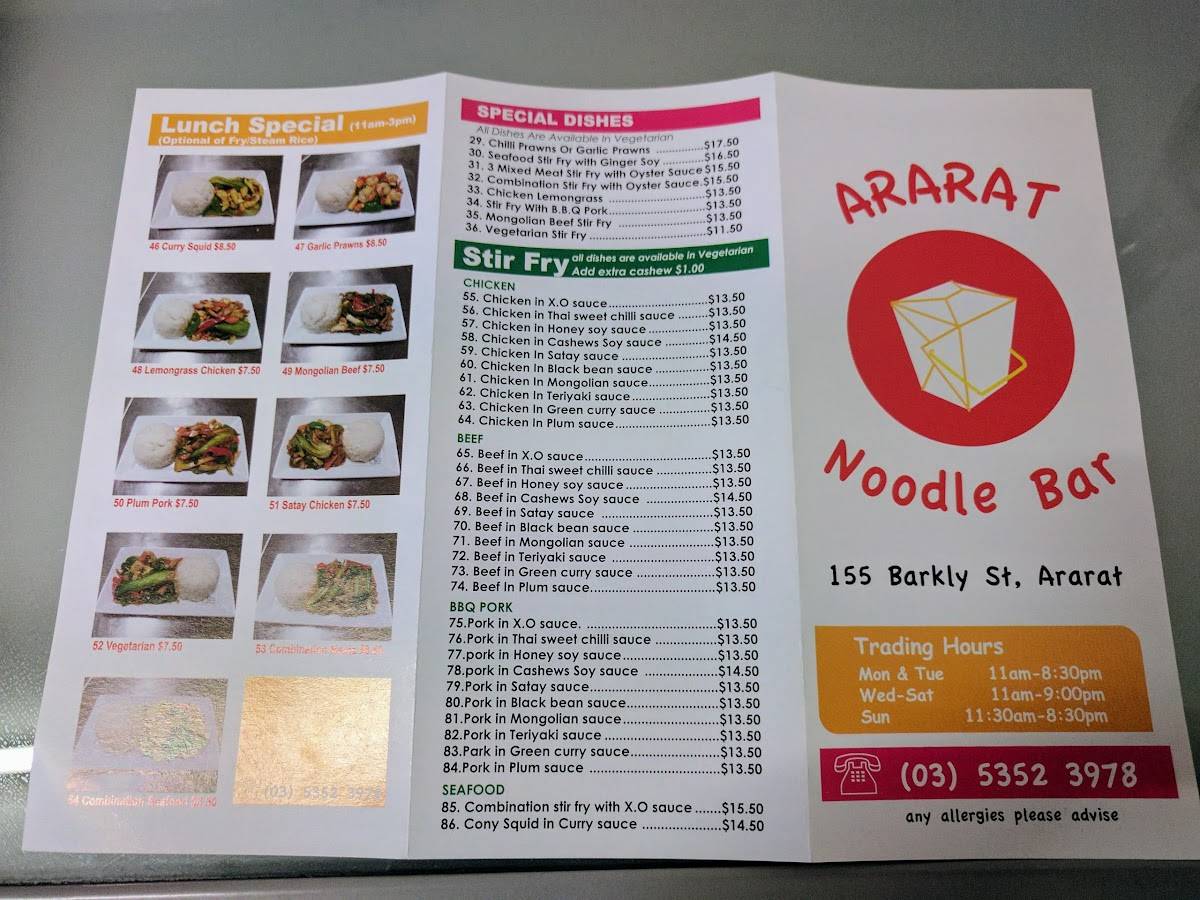 Menu at Ararat Noodle Bar, Ararat