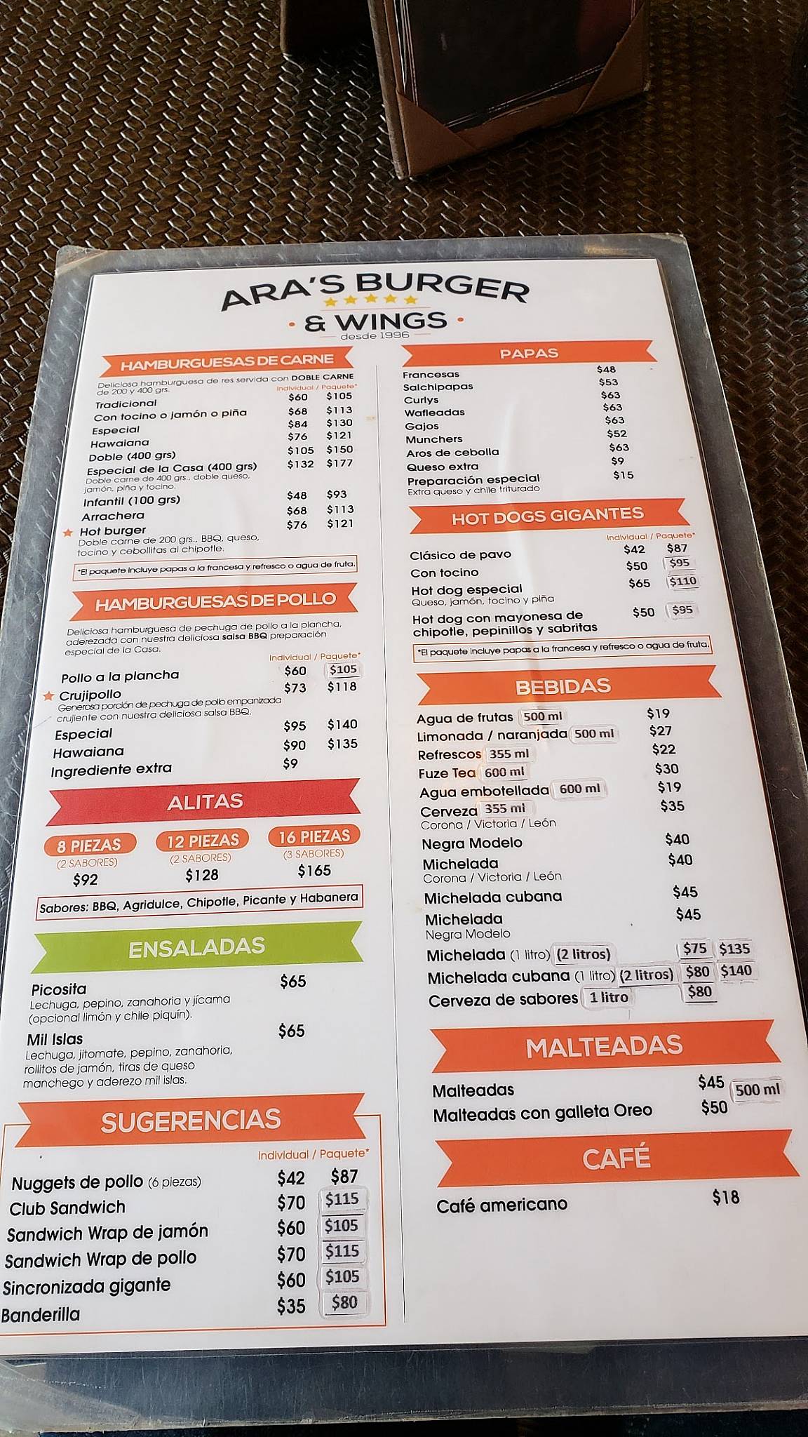 Carta del restaurante Ara's Burger, Ciudad del México