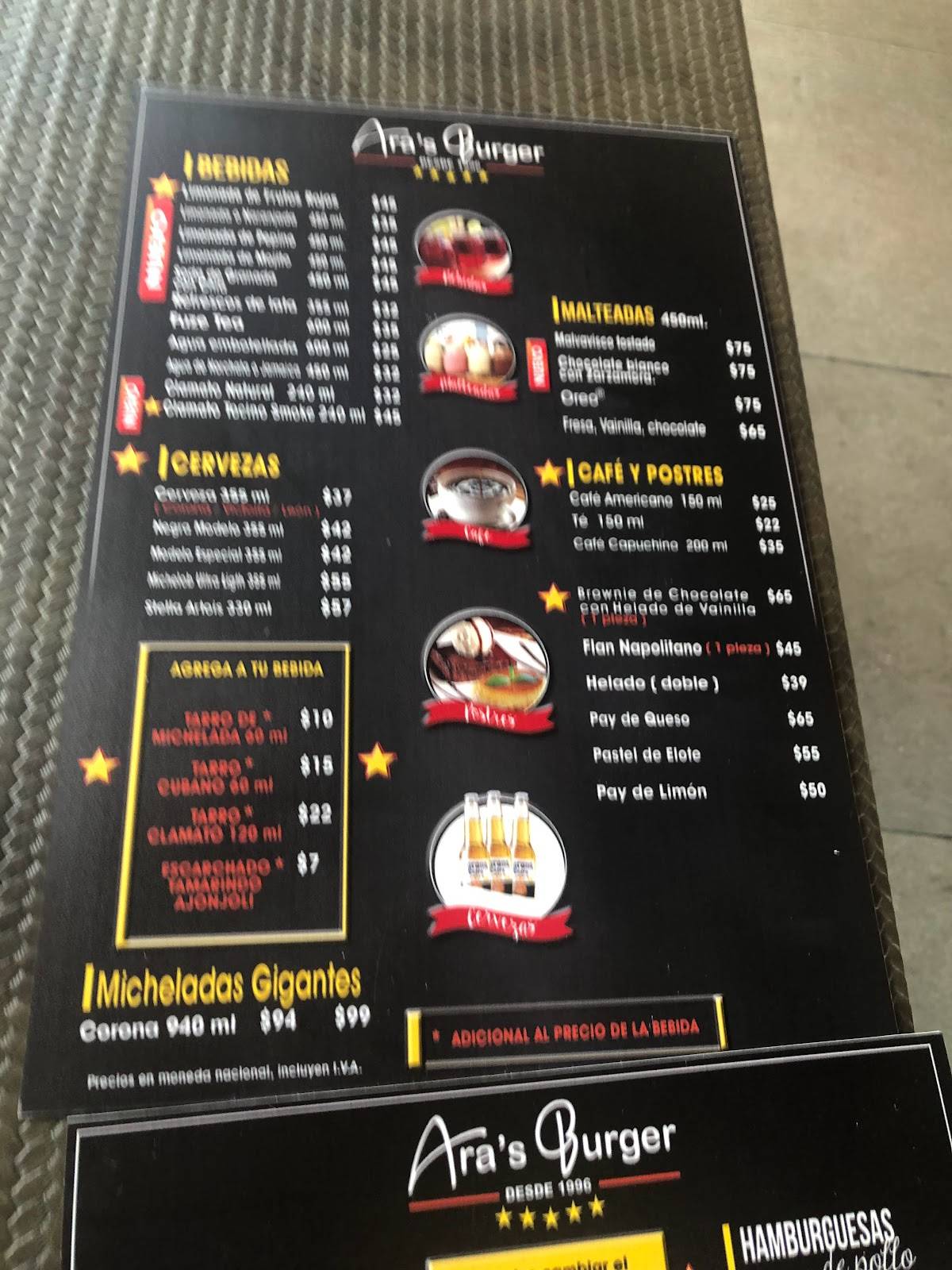 Carta del restaurante Ara's Burger, Ciudad del México