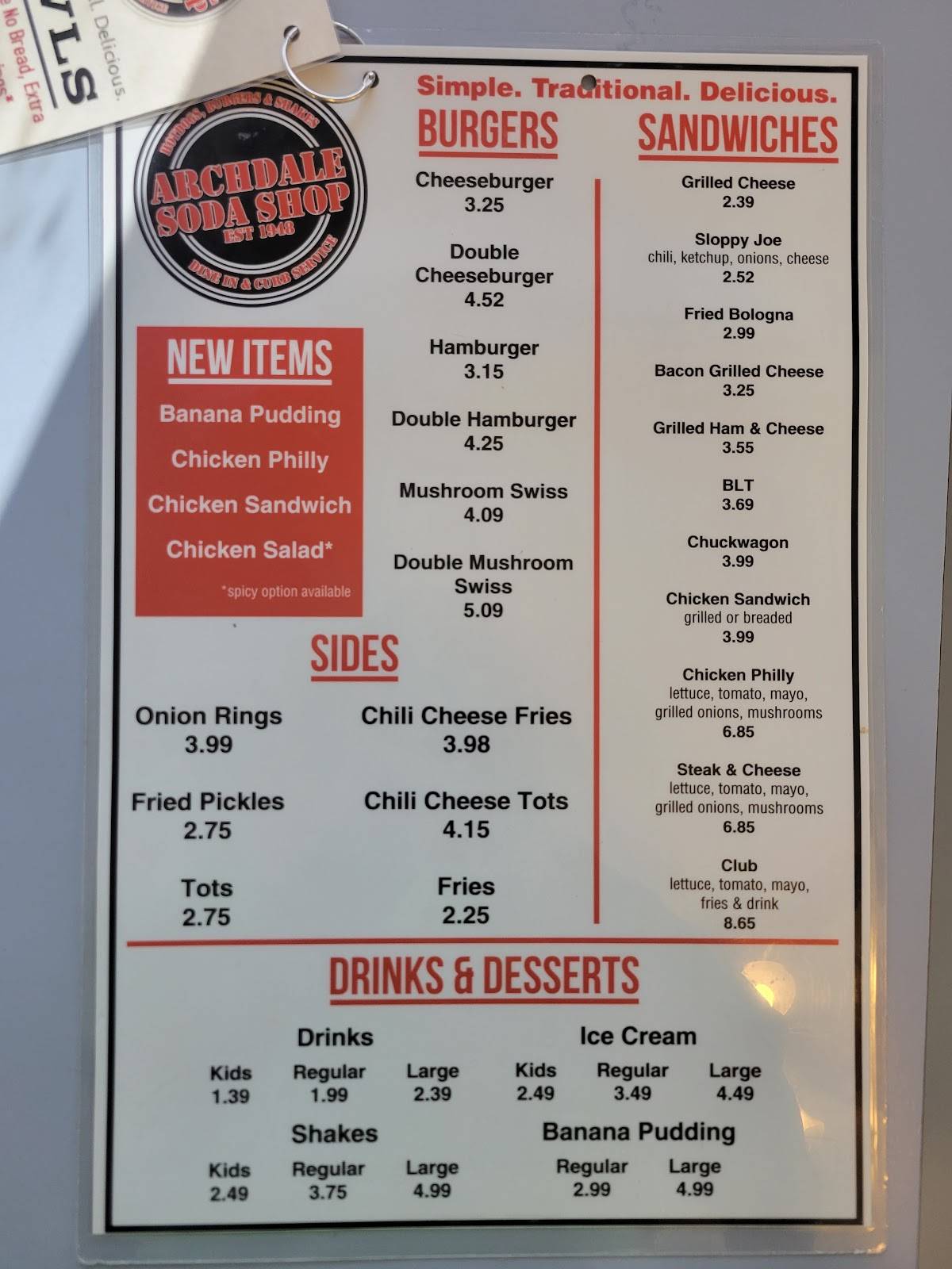 Menu at Archdale Soda Shop restaurant, Archdale