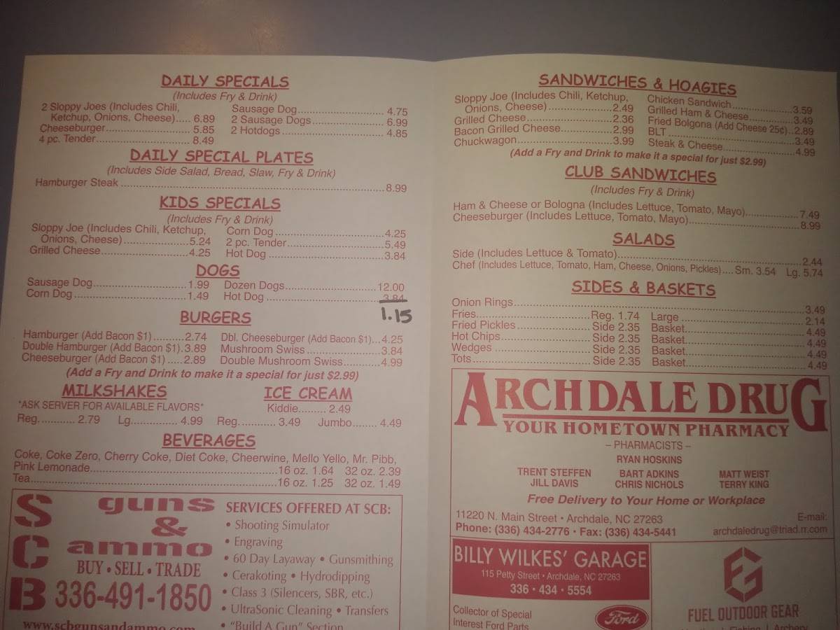 Menu at Archdale Soda Shop restaurant, Archdale