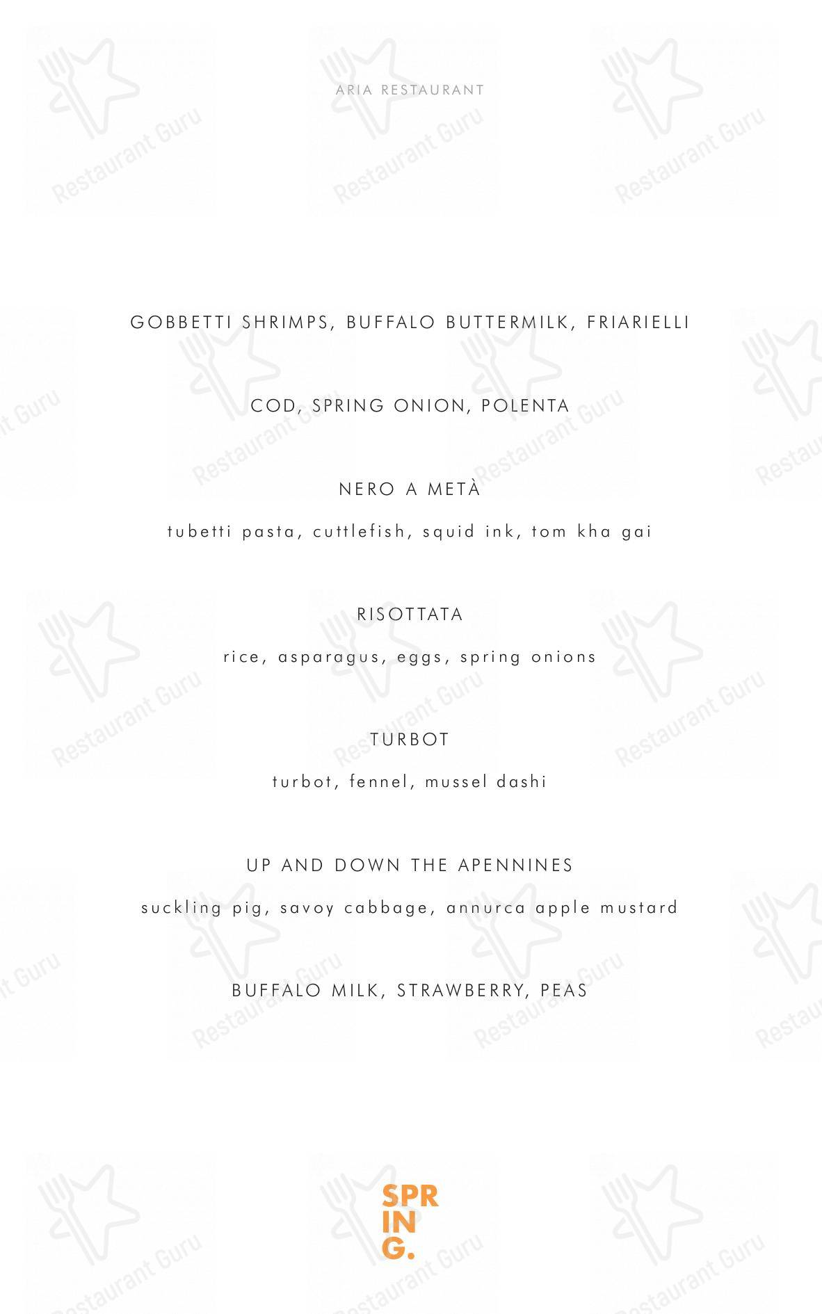 Menu at Aria Restaurant, Naples