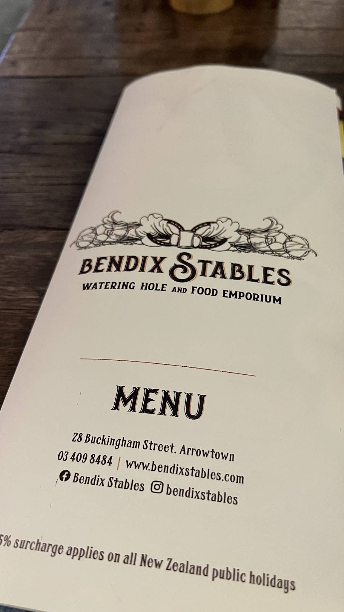 Menu at Bendix Stables restaurant, Arrowtown