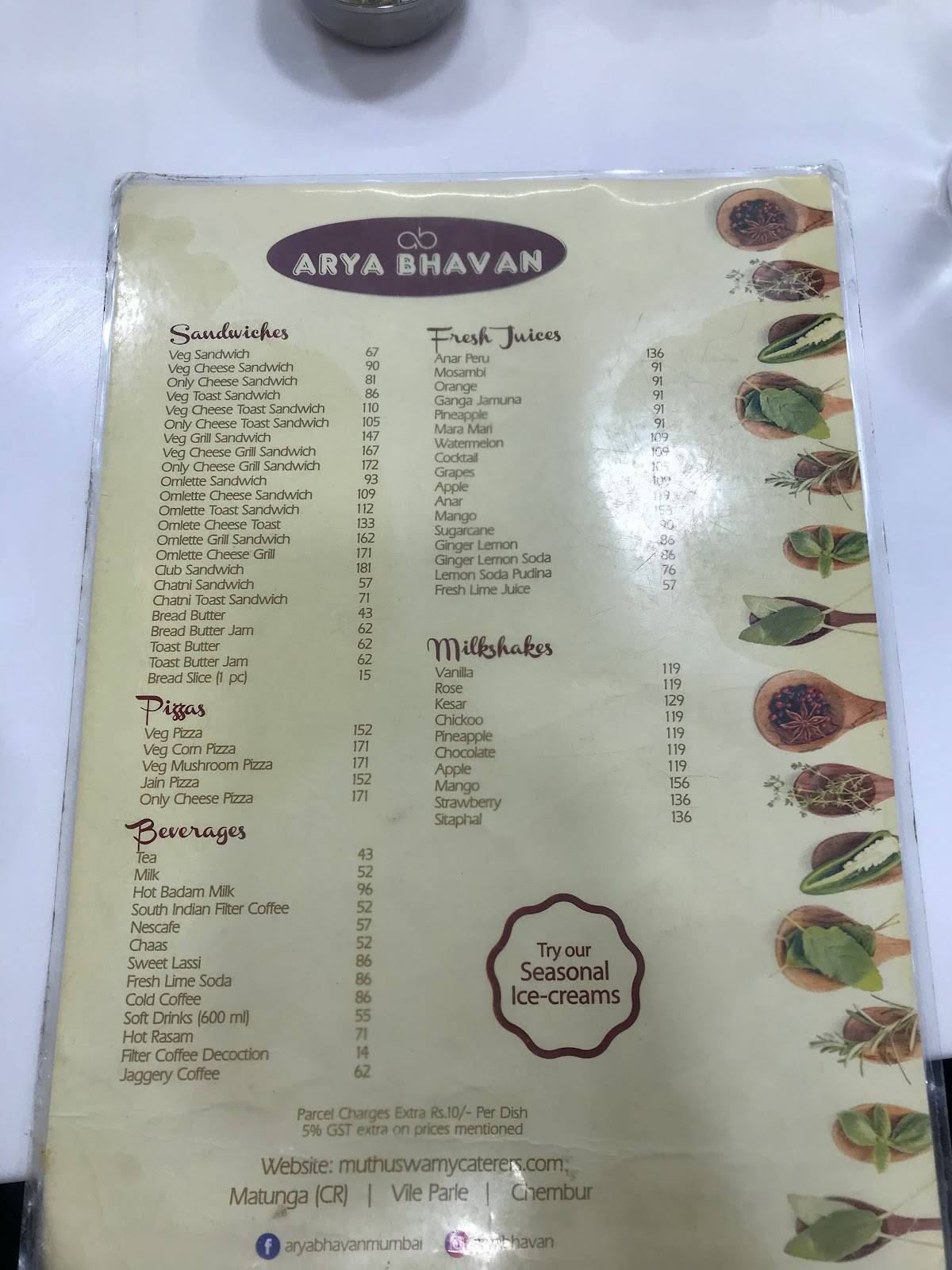 Menu at Arya Bhavan by Muthuswamy Caterers, Chembur, Mumbai, 16th Rd