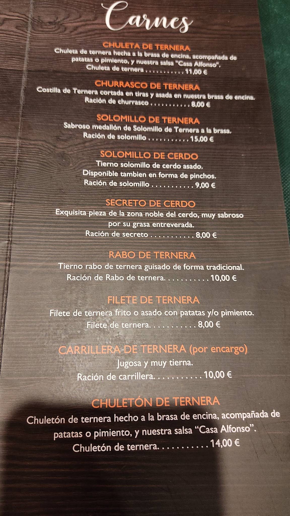 Menu at Asador Casa Alfonso restaurant, San Vitero