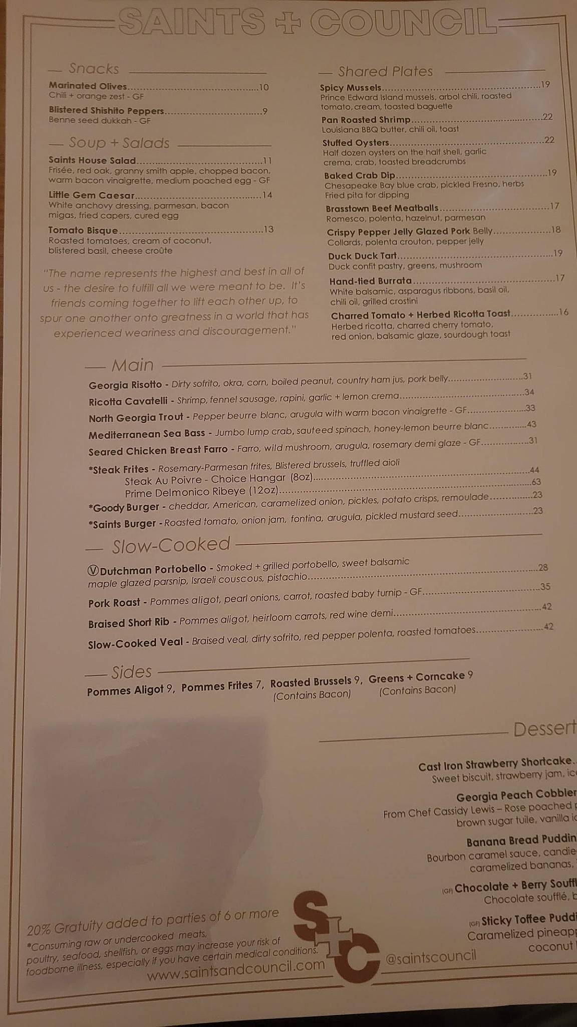 Menu at Saints + Council pub & bar, Atlanta