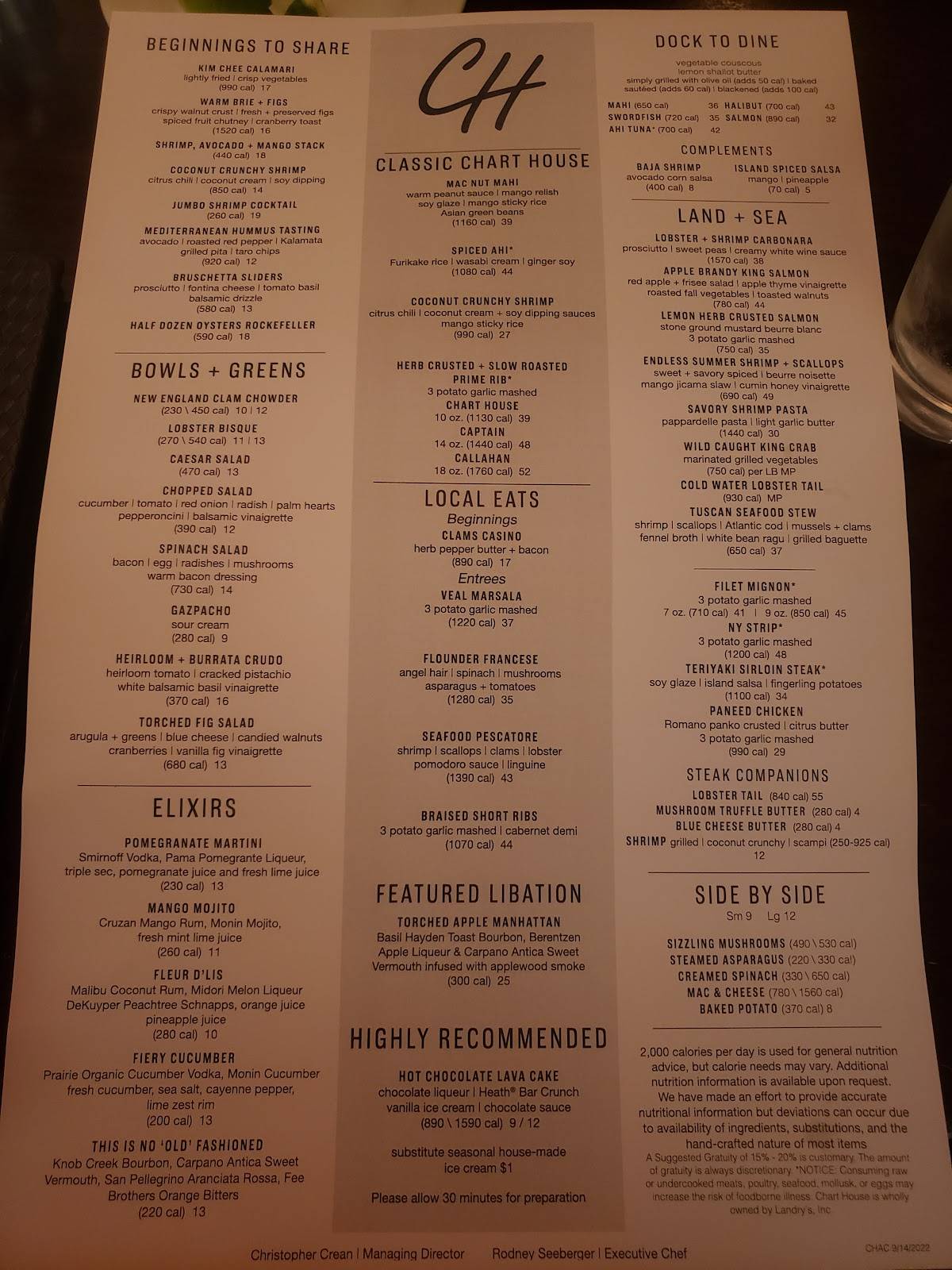 Menu at Chart House steakhouse, Atlantic City