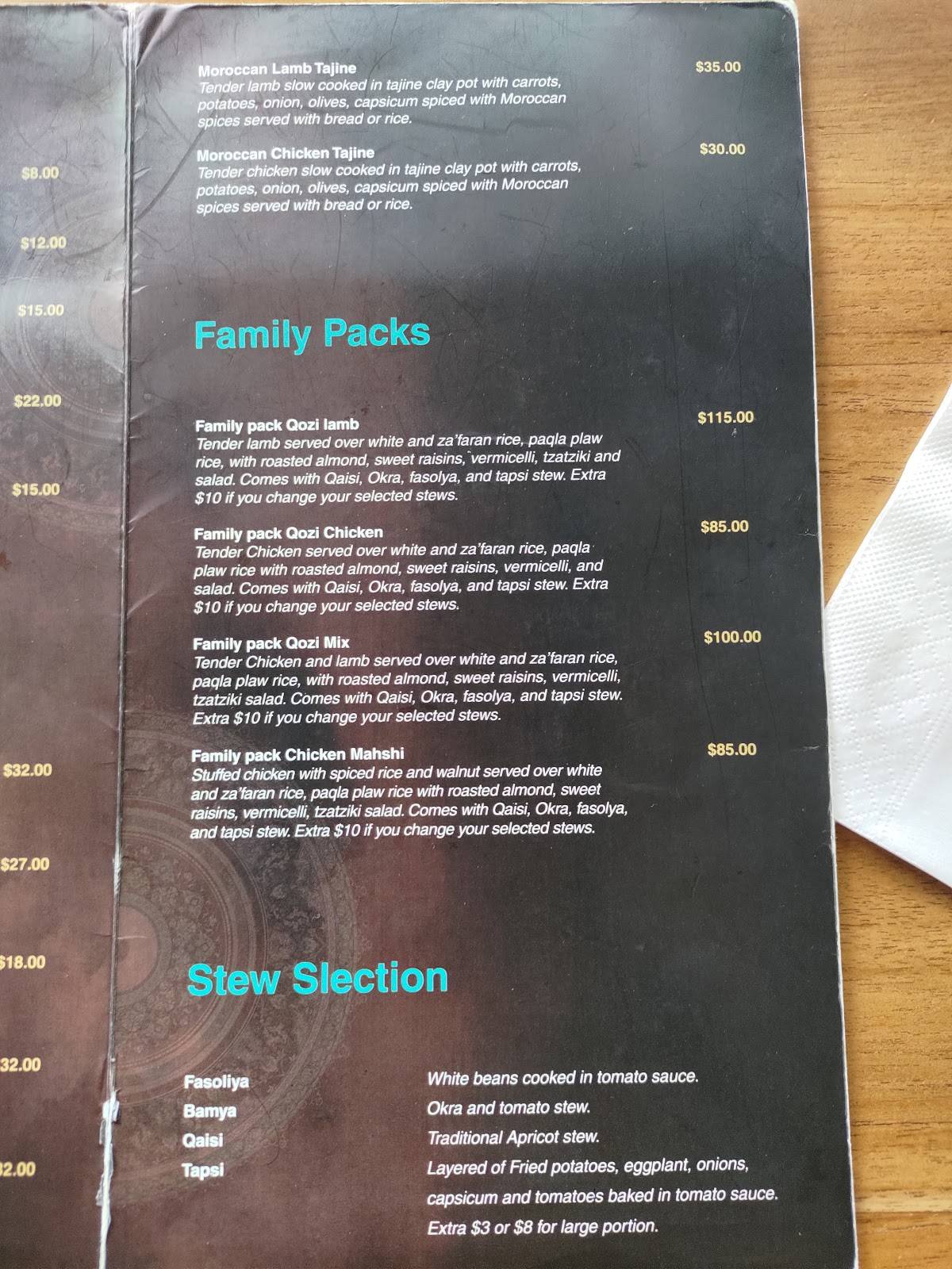 Menu at Tapsi restaurant, Auckland