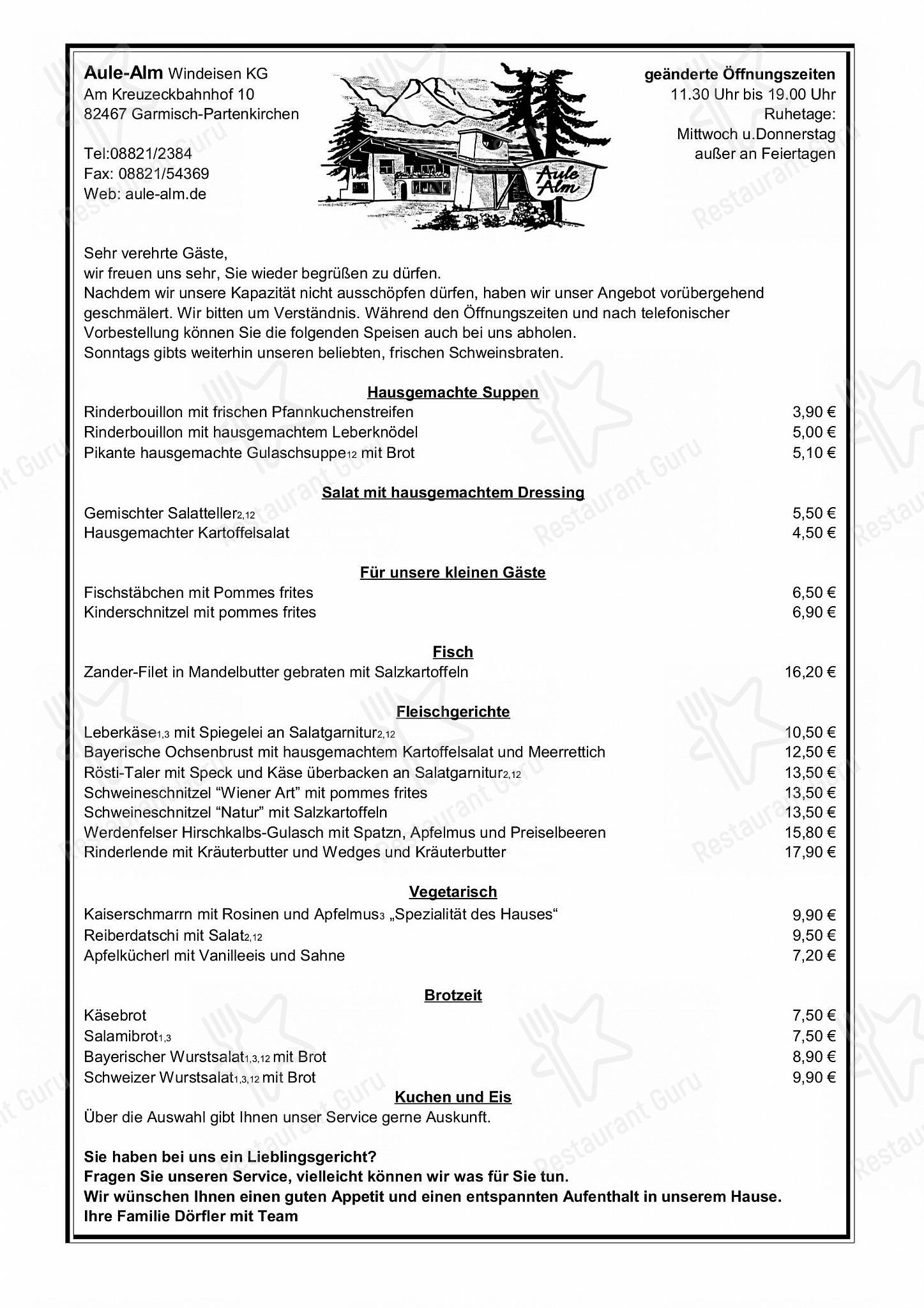 Speisekarte von Aule Alm restaurant, Garmisch-Partenkirchen