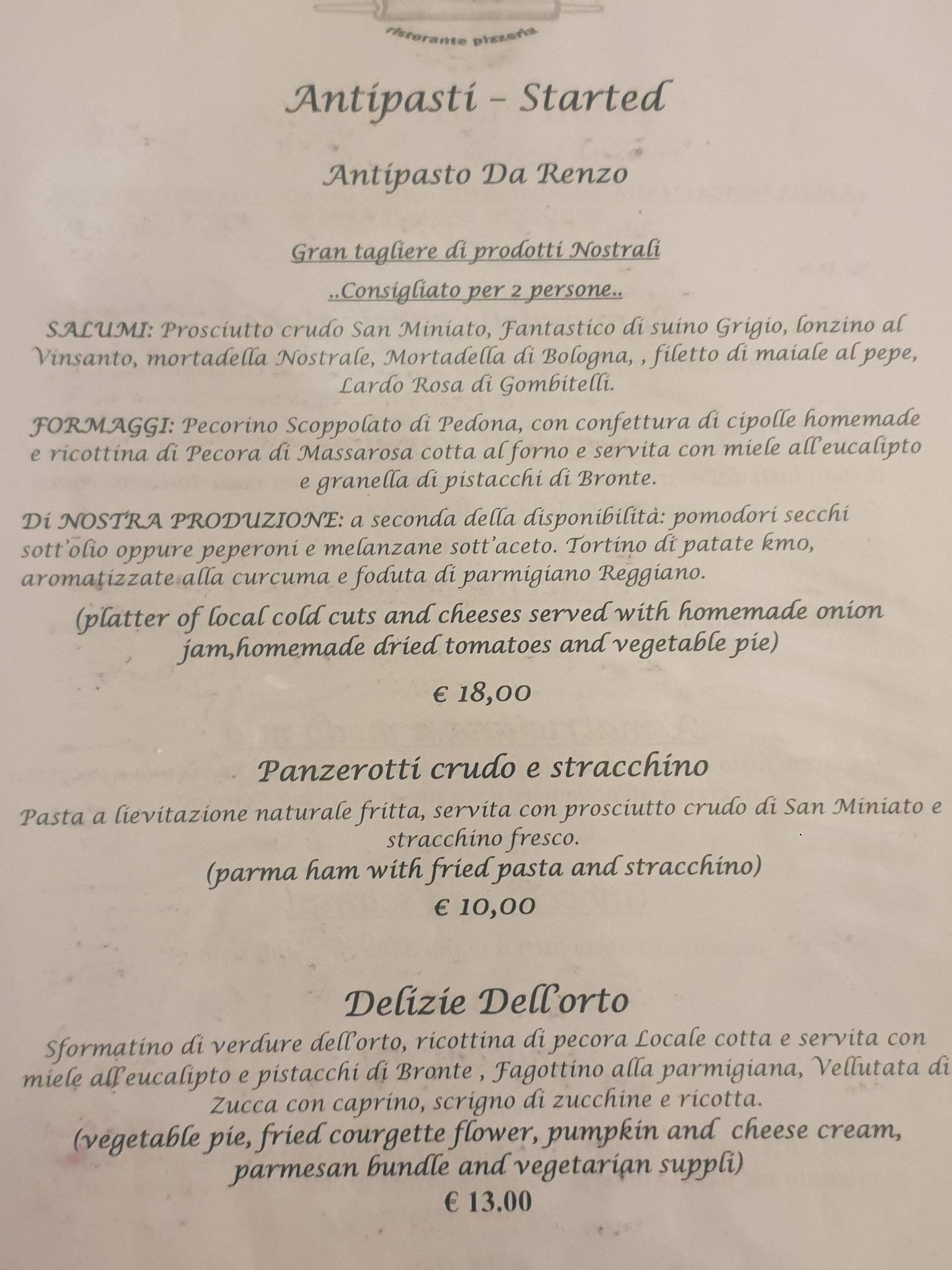 Menu da Bar Da Renzo, Piano di Mommio