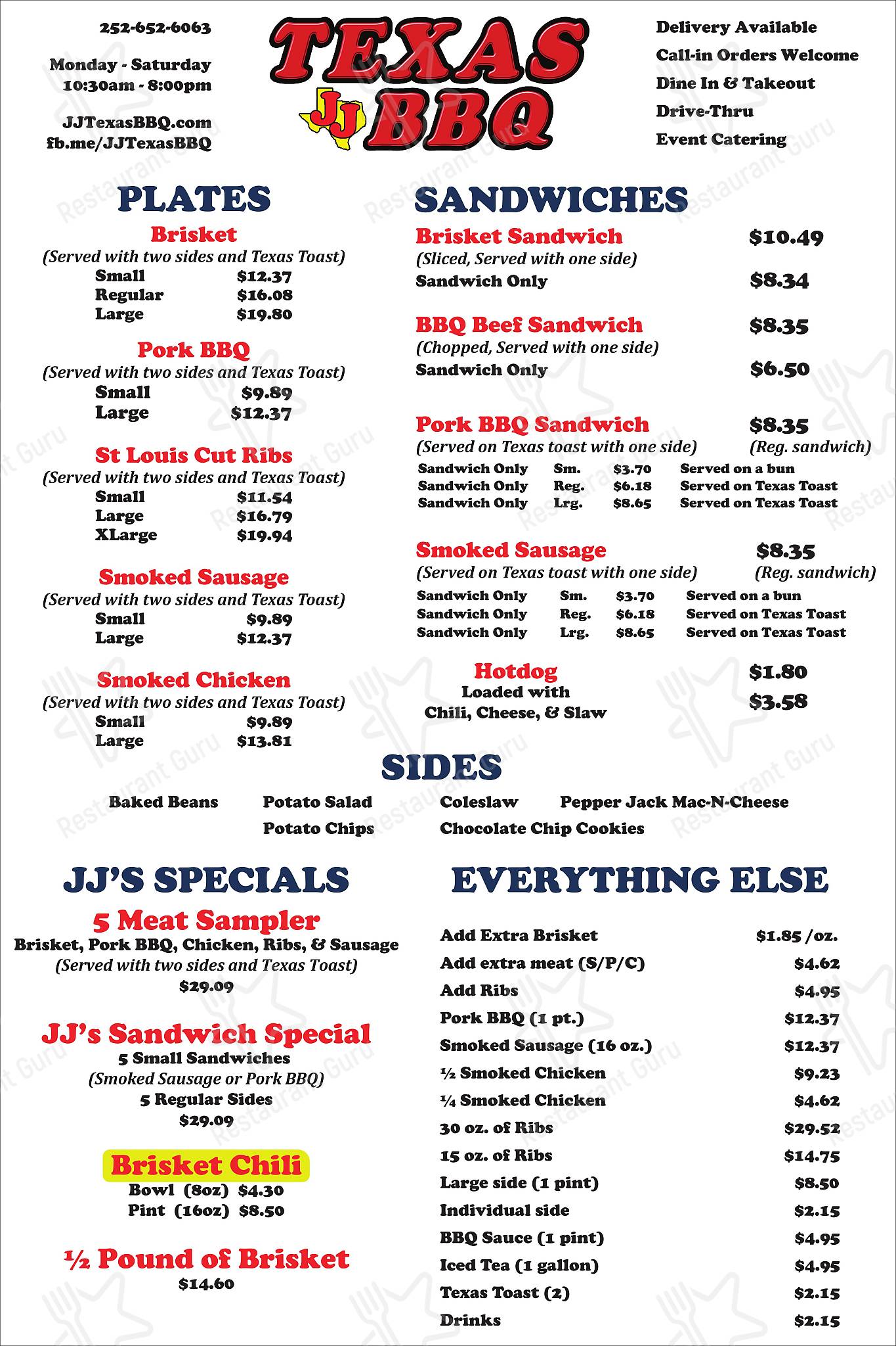 Menu at JJ Texas BBQ, Havelock