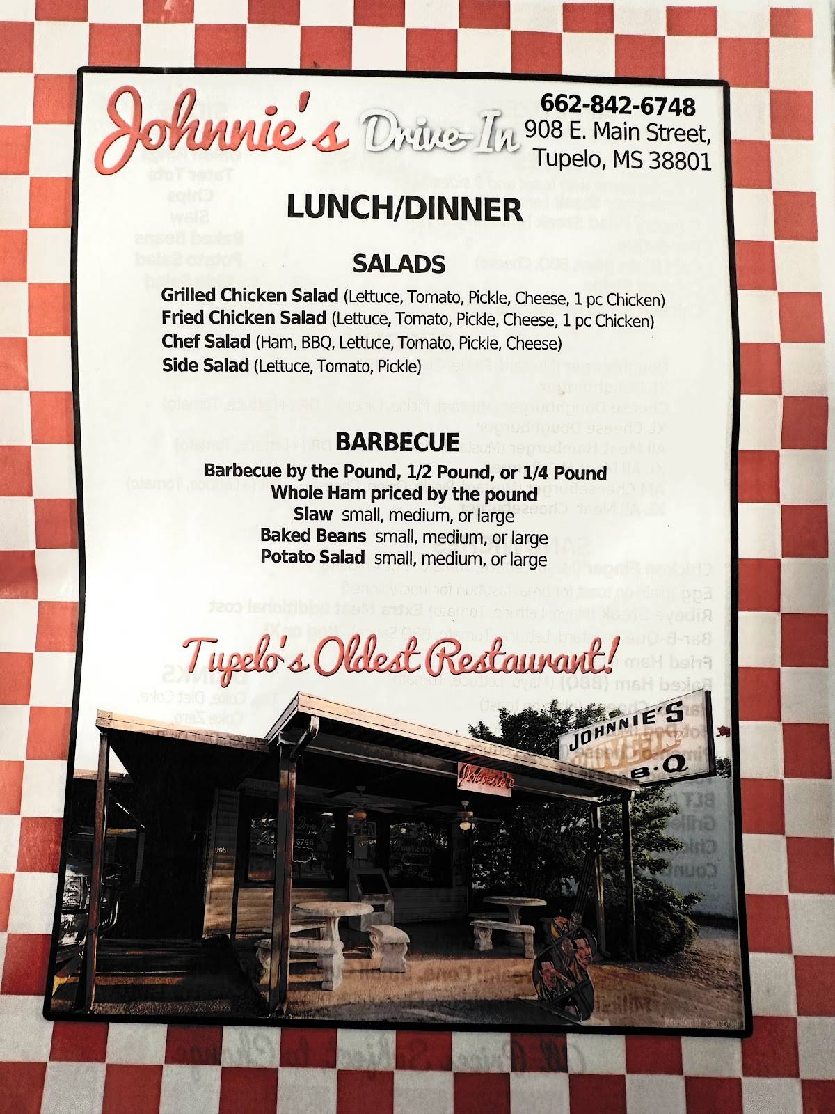 Menu at Johnnie's Drive In BBQ, Tupelo